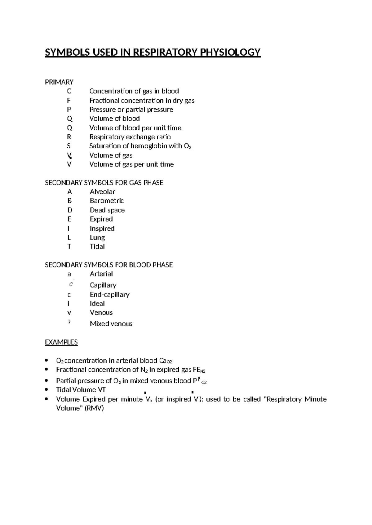 Symbols USED IN Respiratory Physiology - SYMBOLS USED IN RESPIRATORY ...
