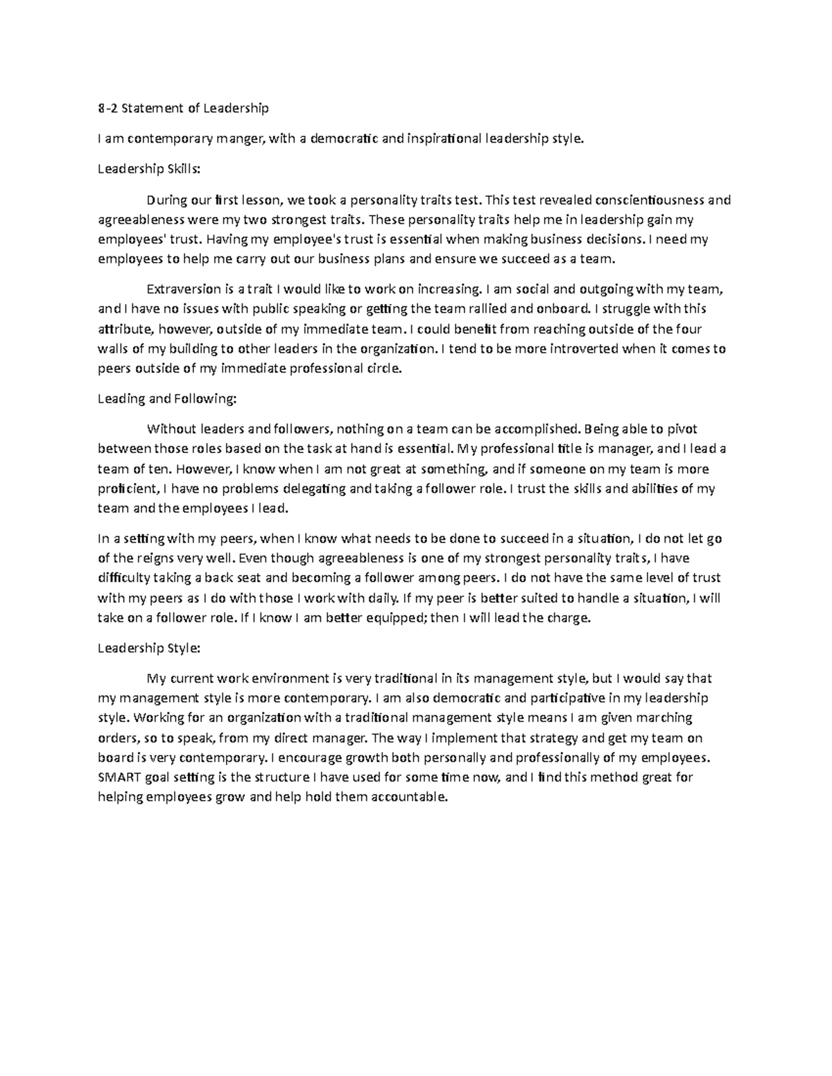 Leadership statement - Statement of Leadership I am contemporary manger ...