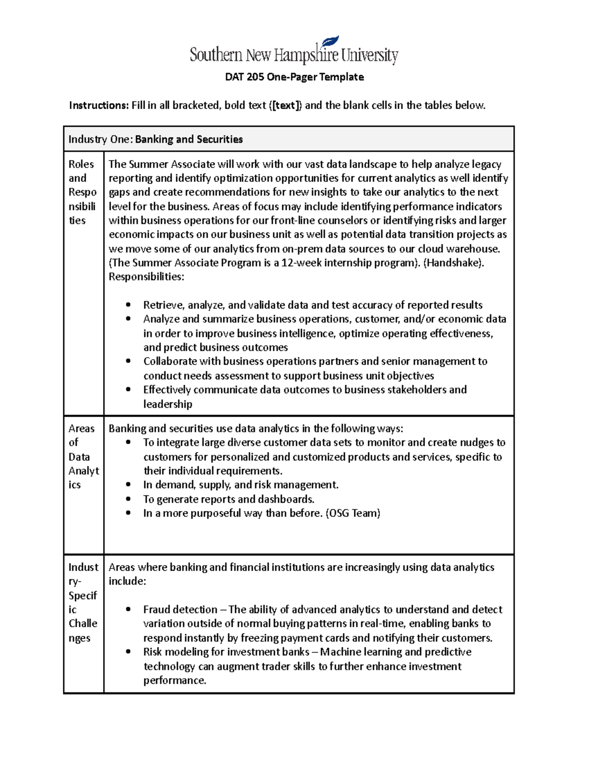DAT 205 One-Pager Template - DAT 205 One-Pager Template Instructions ...