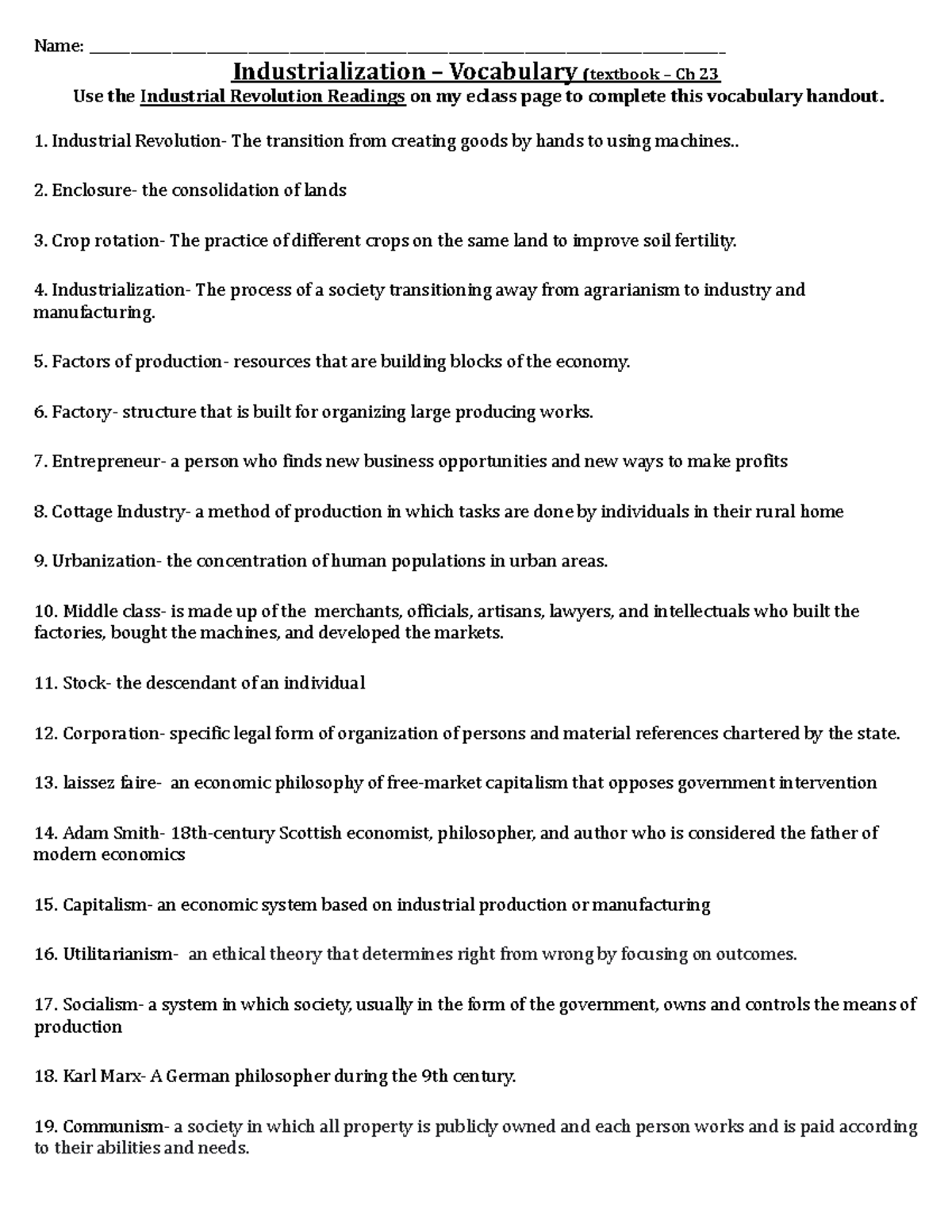 AKS 43 Industrialism Vocabulary - Name: - Studocu