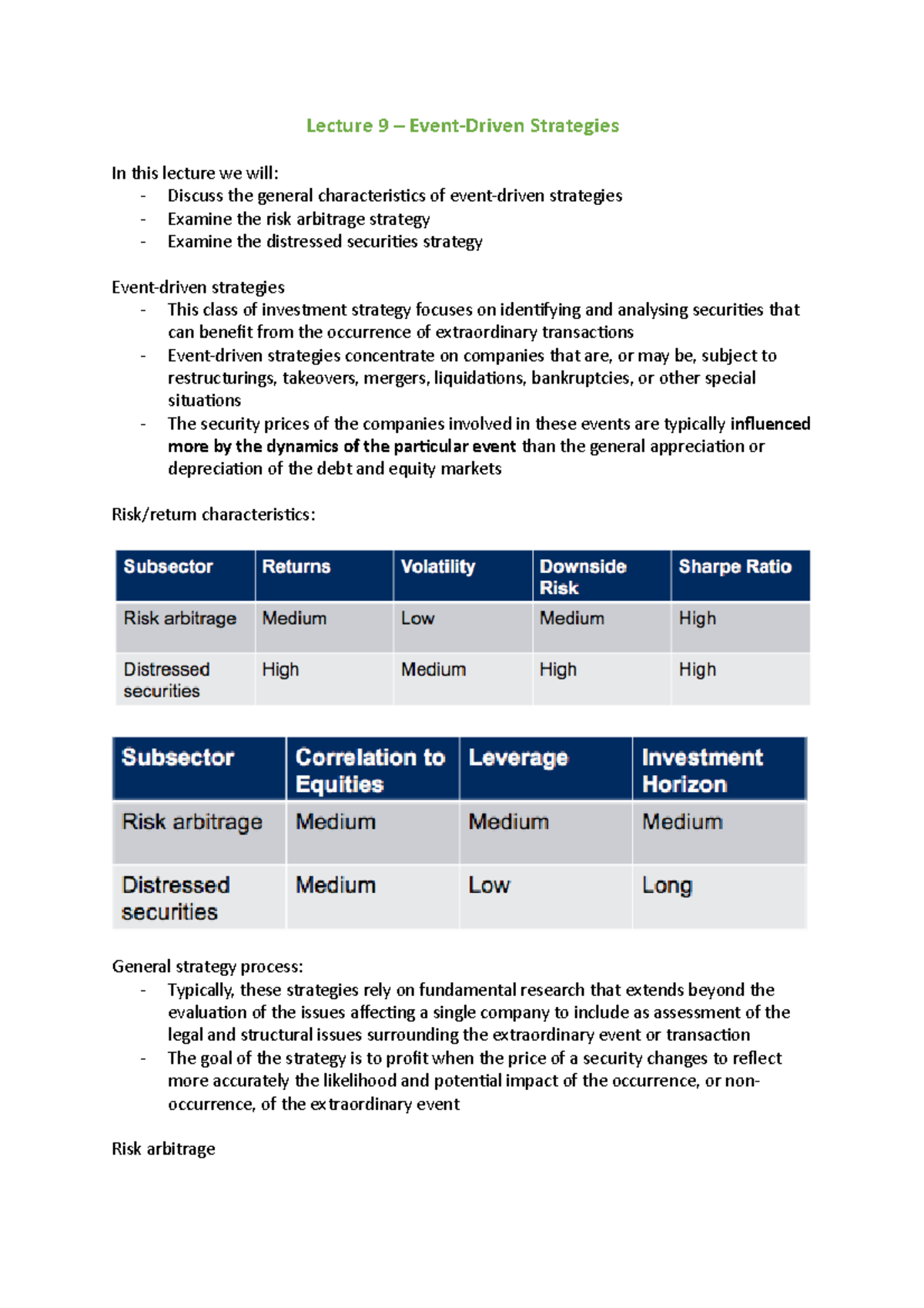 Lecture 9 – Event Driven Strategies - Lecture 9 – Event-Driven ...