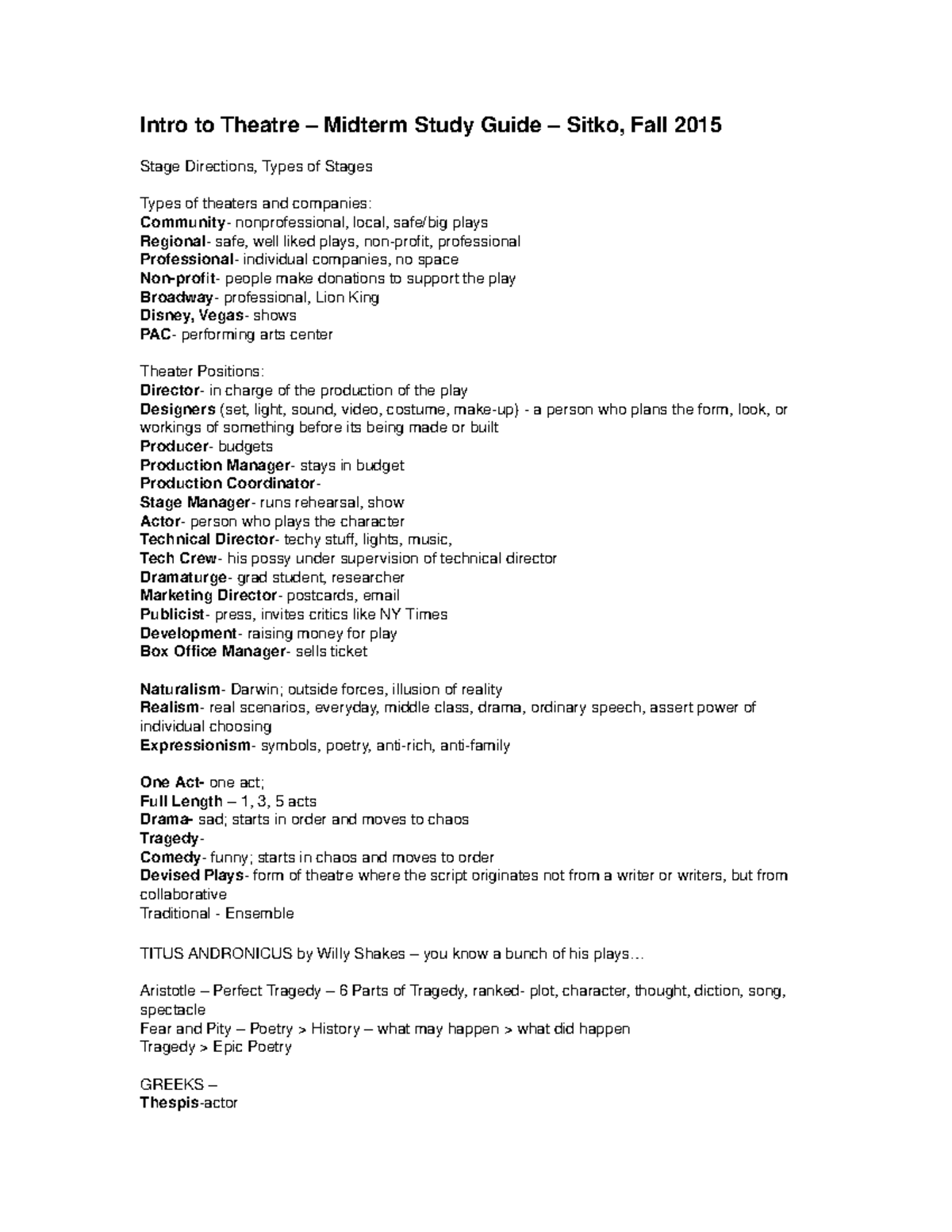 Midterm - Mark Sitko - Intro to Theatre – Midterm Study Guide – Sitko, Fall 2015 Stage ...