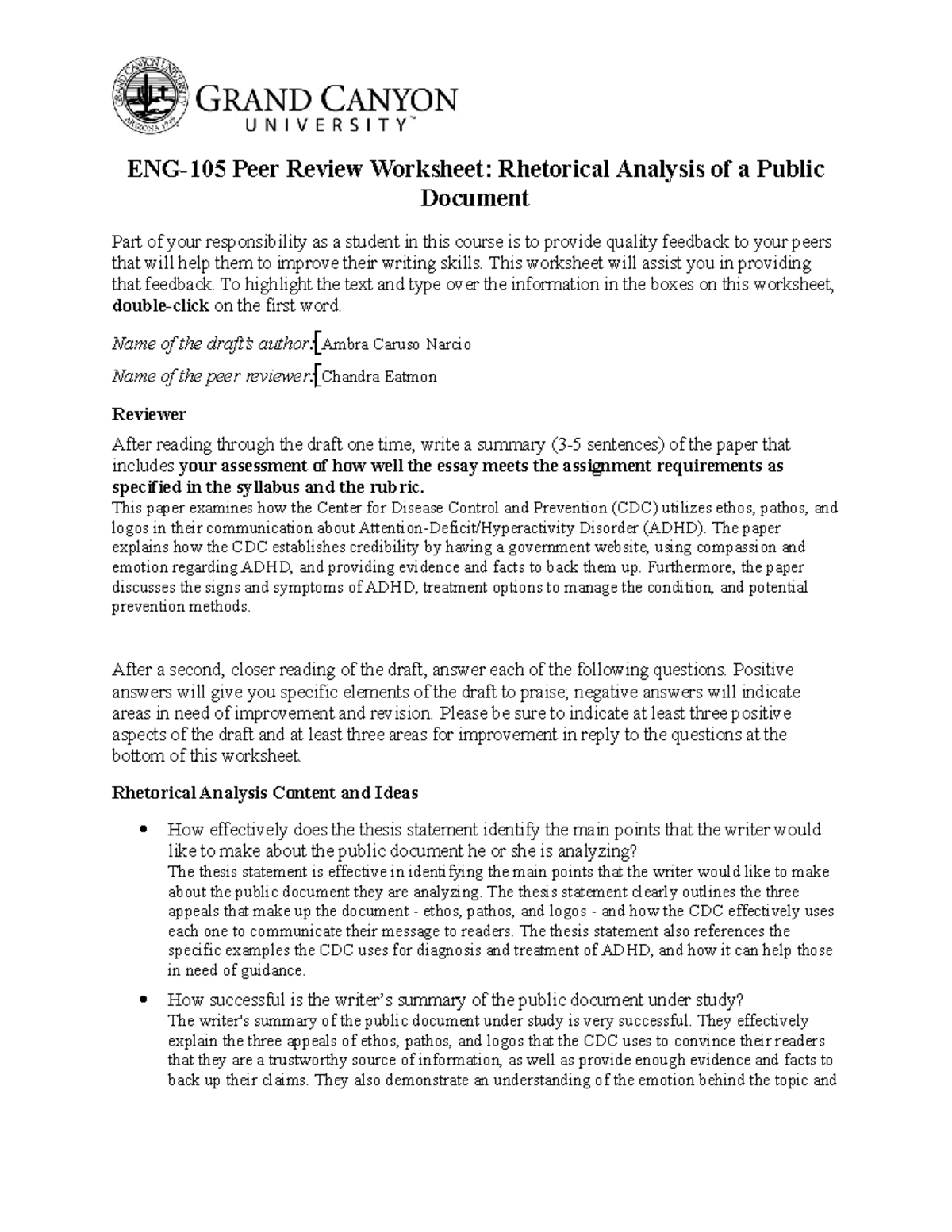 CLE ENG-105-RS-Rhetorical Analysis Peer Review Worksheet Online - ENG ...