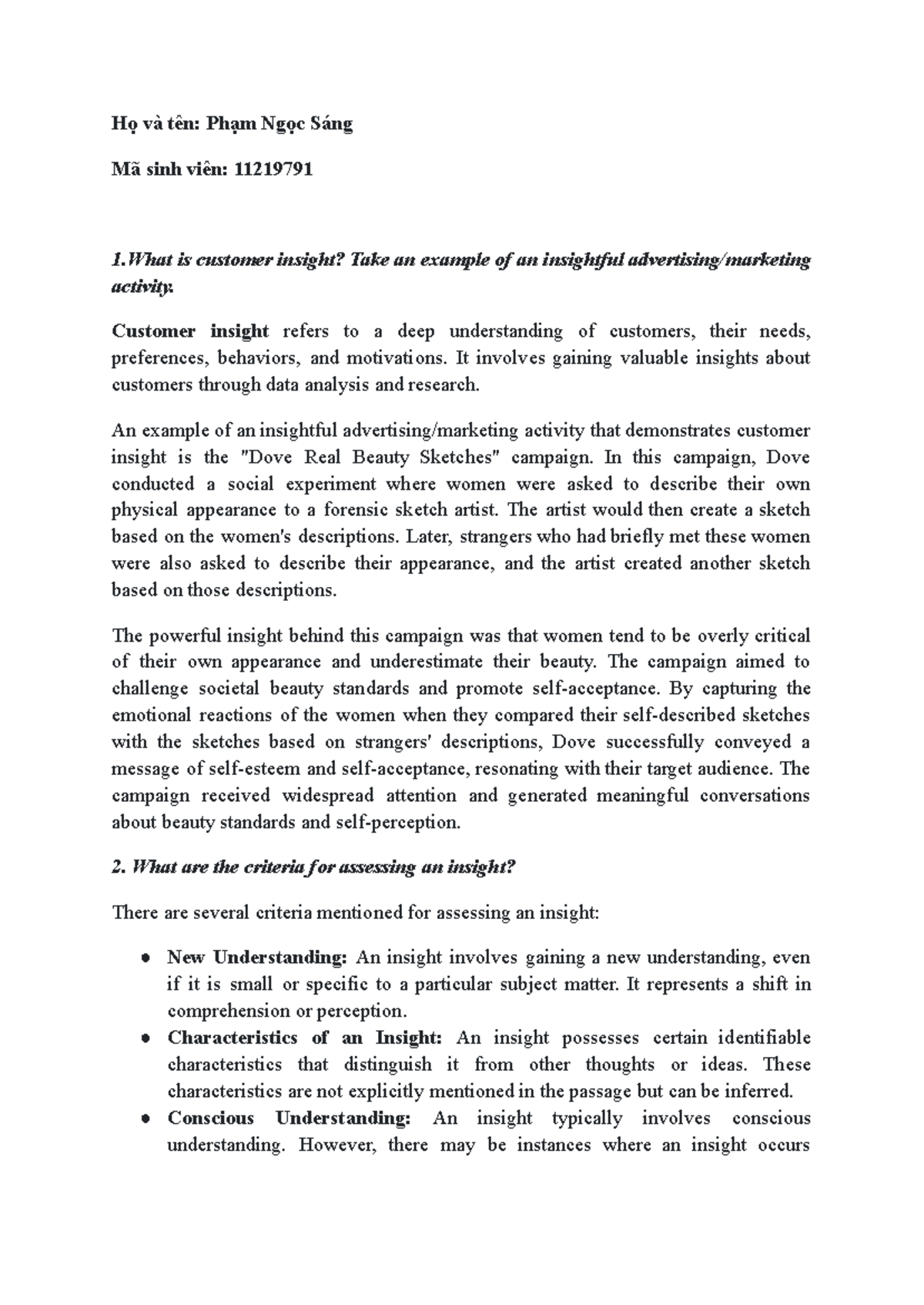 Phạm Ngọc Sáng 11219791 Customer insight reflection (individual ...