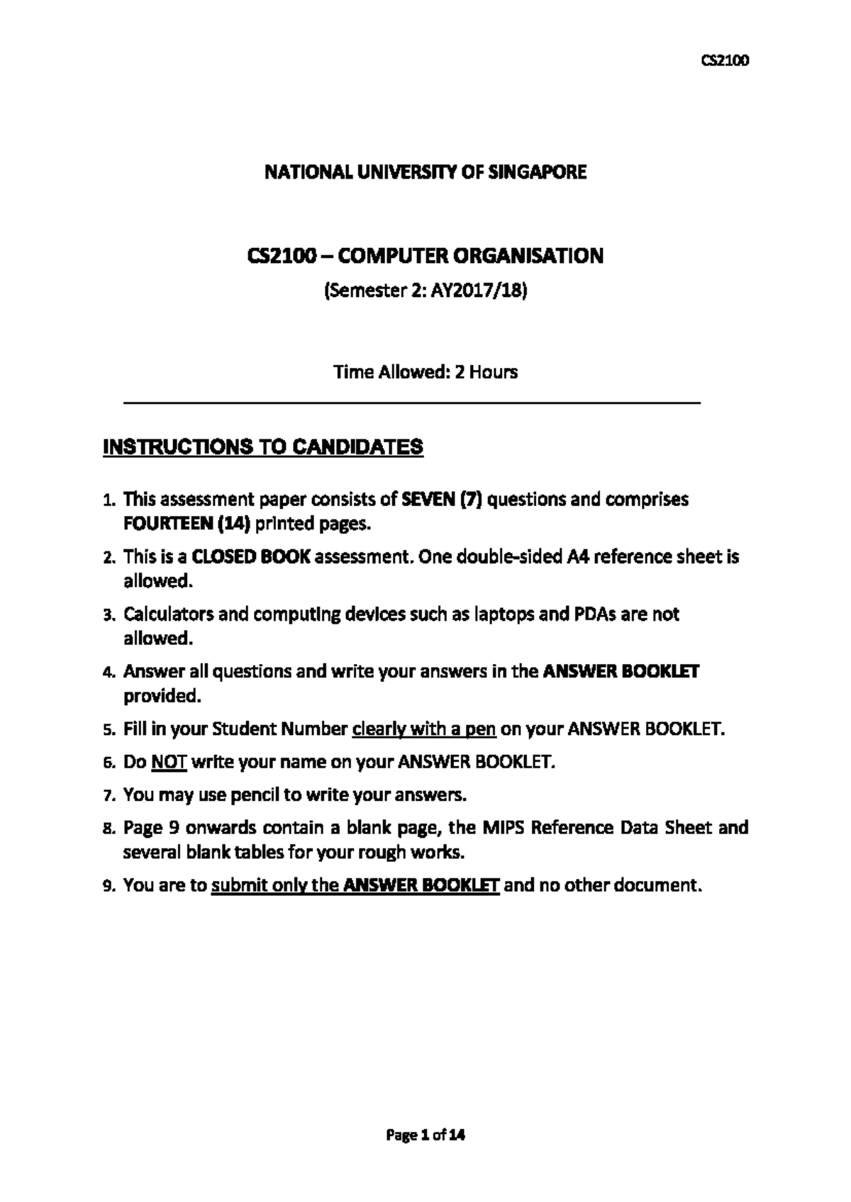 CS2100 Finals 1718s2 Questions - CS2100 NATIONAL UNIVERSITY OF SINGAPORE CS2100 COMPUTER - Studocu