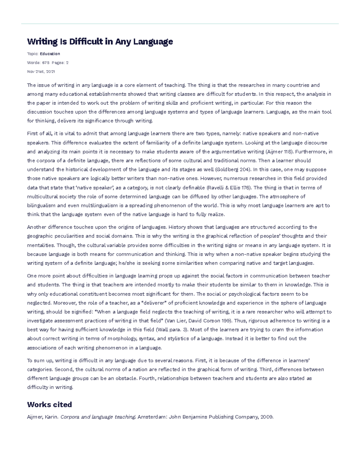 Writing Is Difficult in Any Language Free Essay Example - Writing Is ...