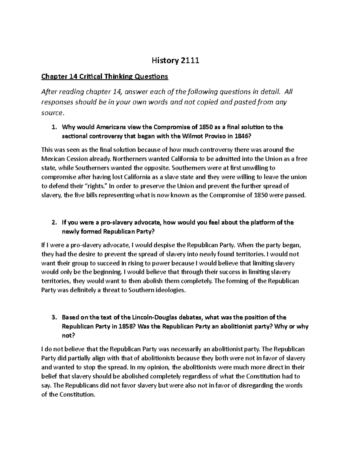 Chapter 14 questions - History 2111 Chapter 14 Critical Thinking ...