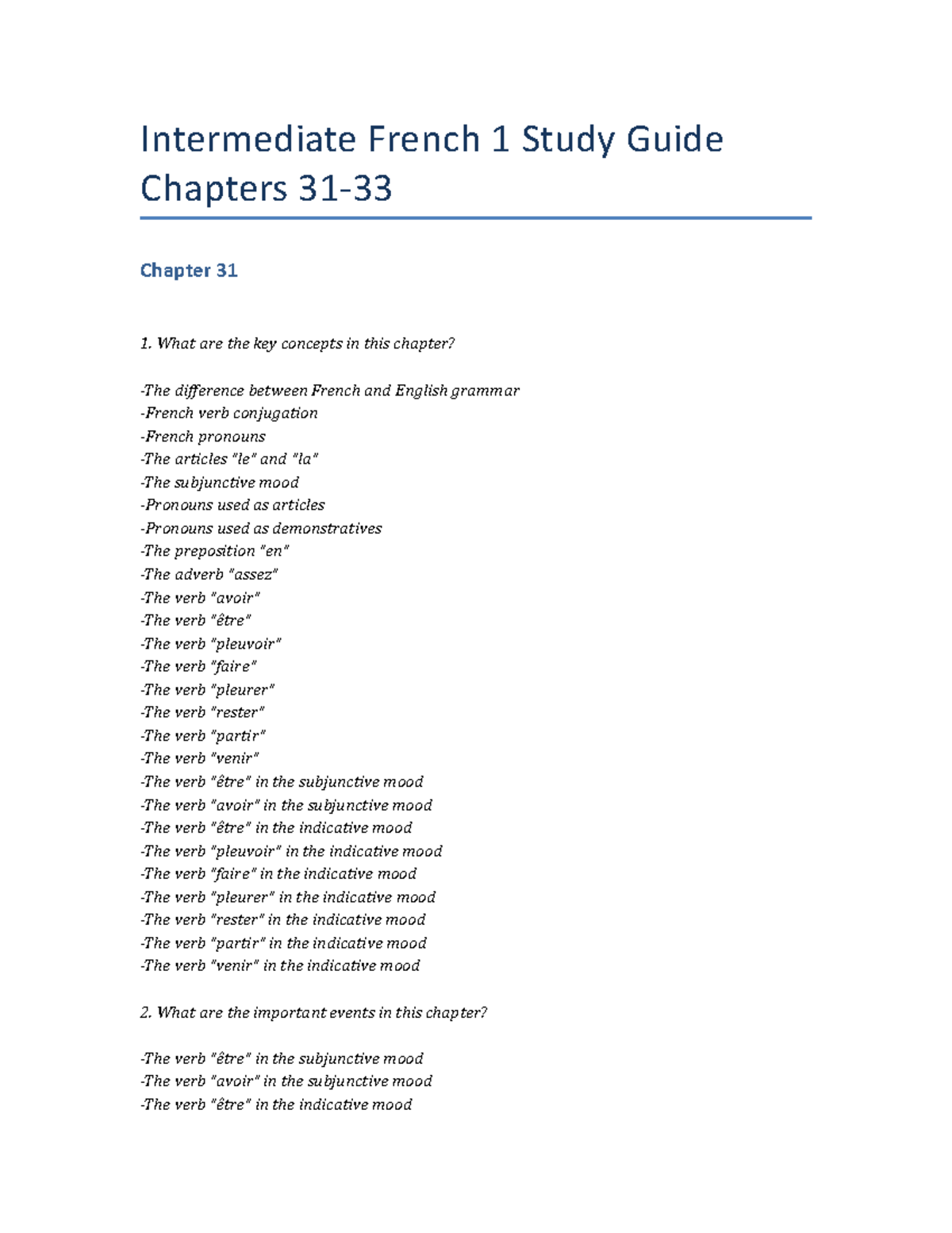Intermediate French 1 Study Guide Chapters 31-33 - Intermediate French ...