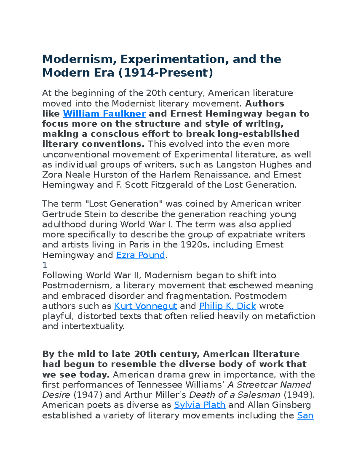 Modernism - lecture notes - Modernism, Experimentation, and the Modern ...