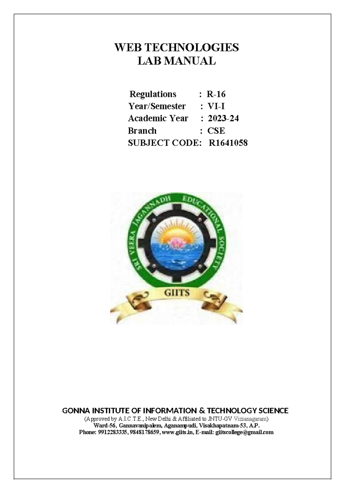Web technologys r-16 - WEB TECHNOLOGIES LAB MANUAL Regulations : R ...