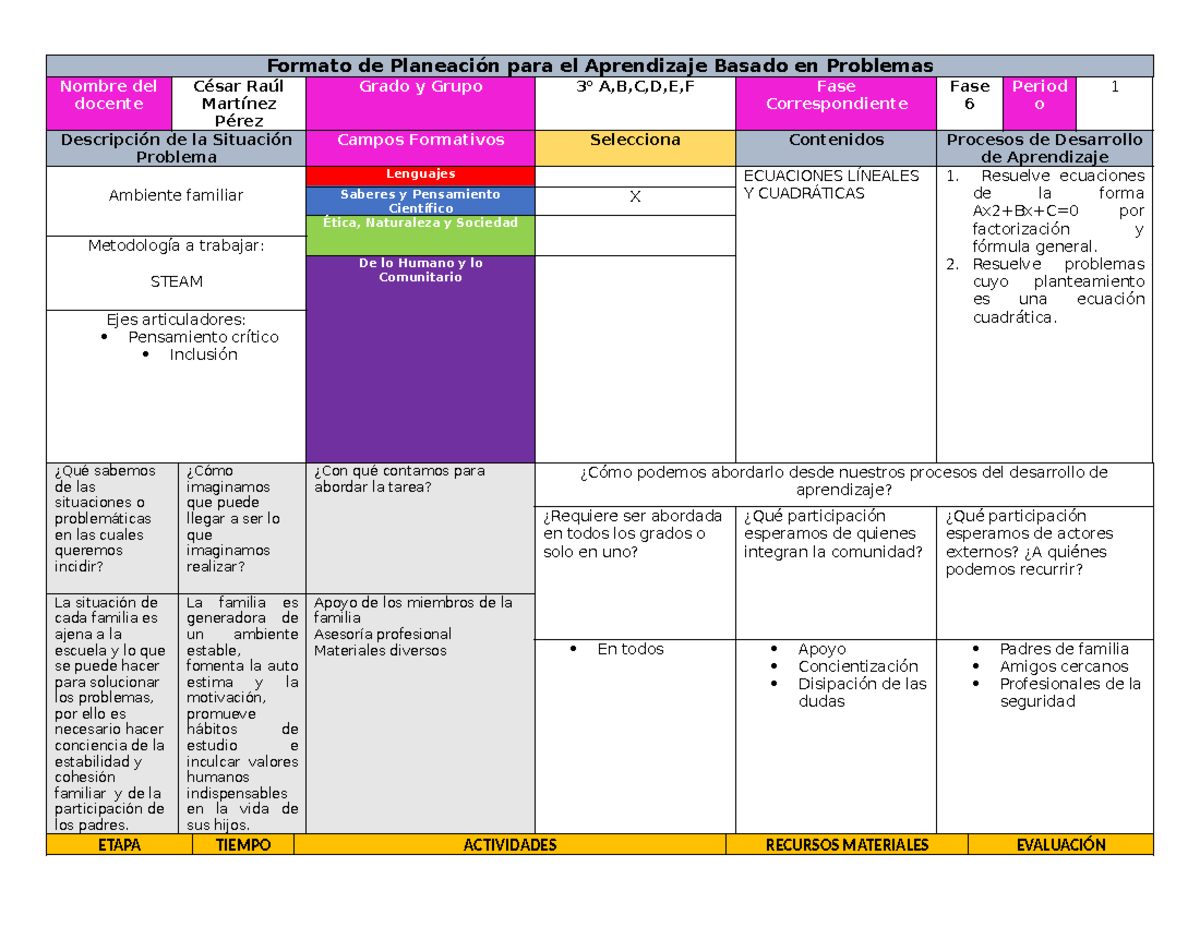 Planeación Marzo Matemáticas 3 - Formato de Planeación para el Aprendizaje Basado en Problemas ...
