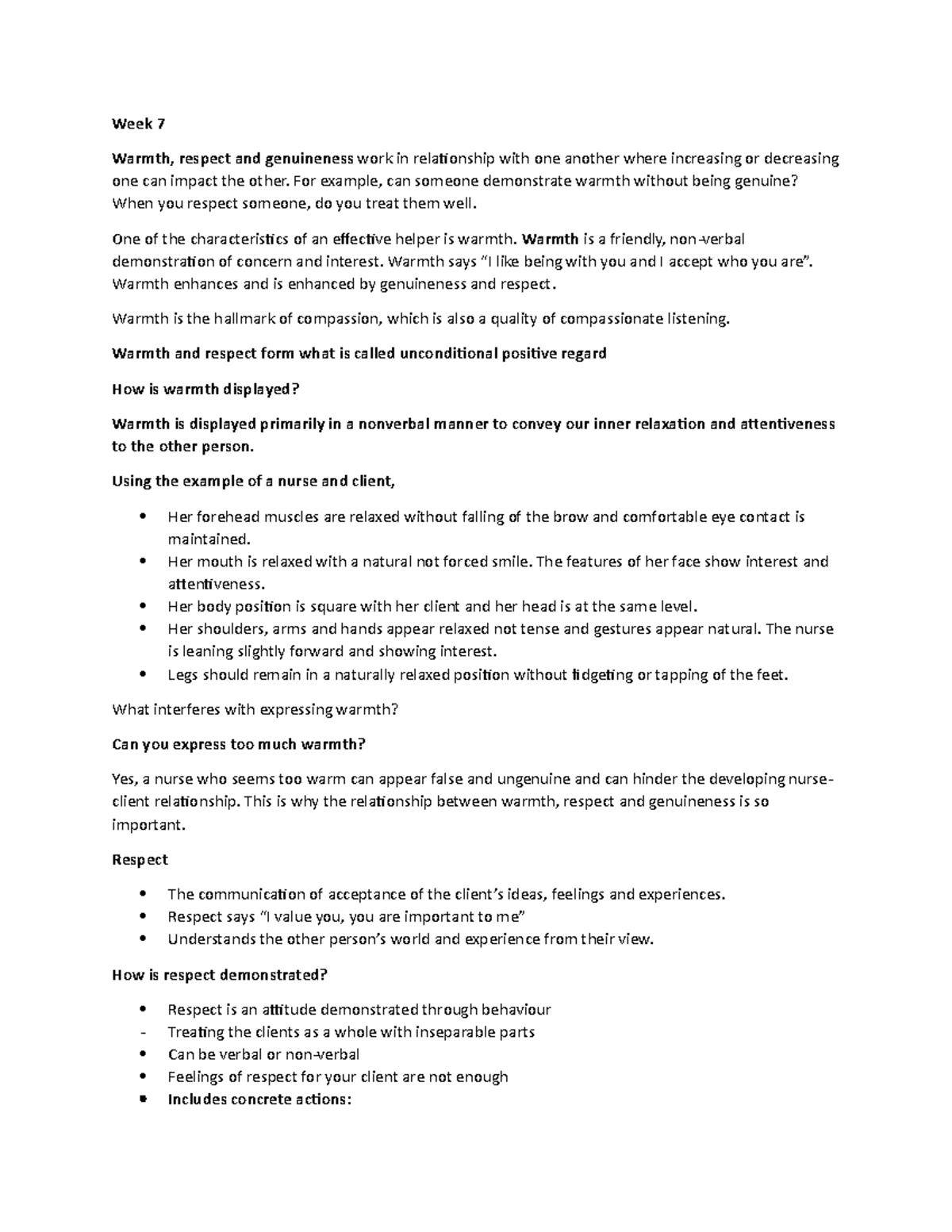 Warmth, respect and genuineness - For example, can someone demonstrate ...