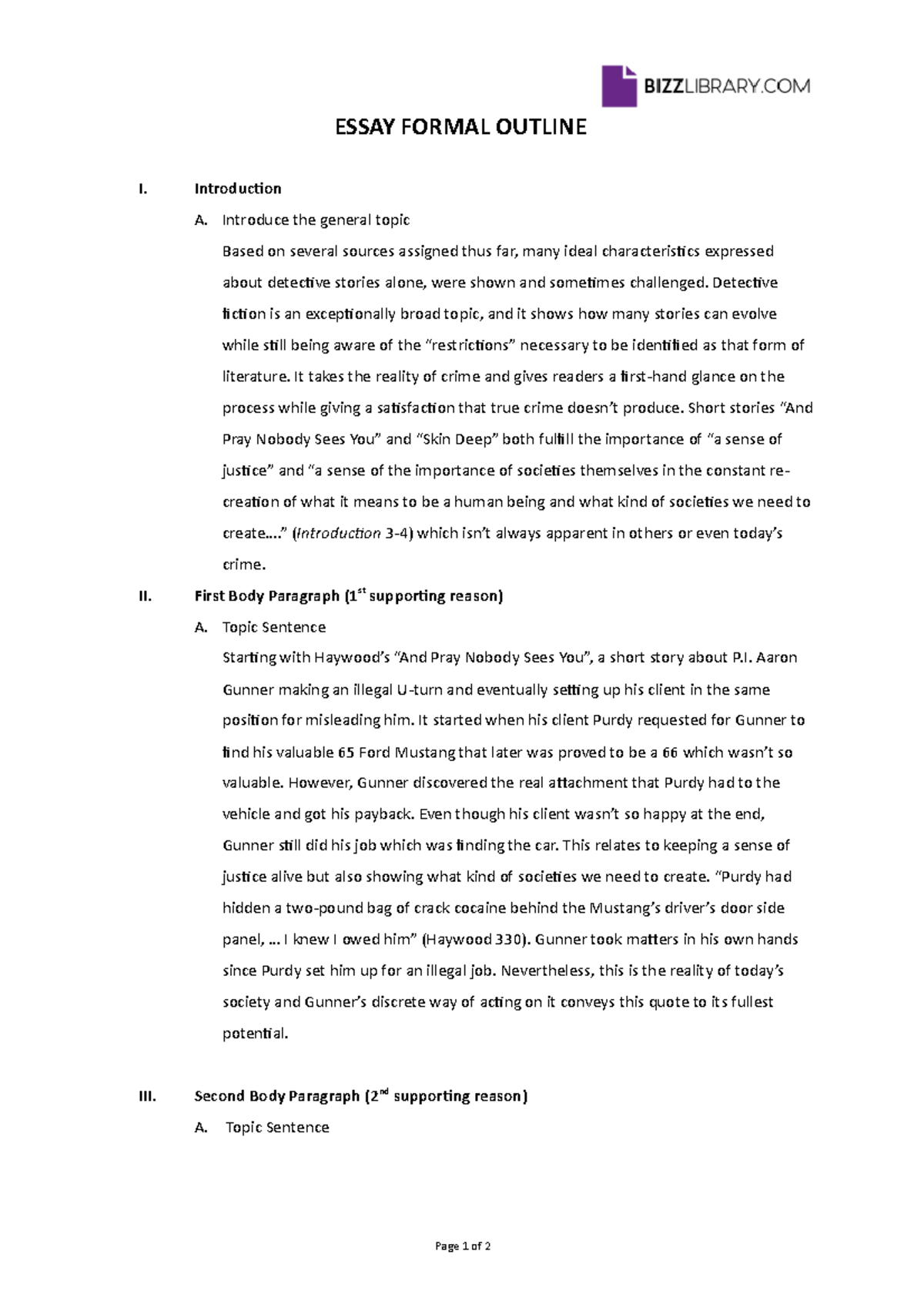 Essay formal outline - ESSAY FORMAL OUTLINE I. Introduction A ...