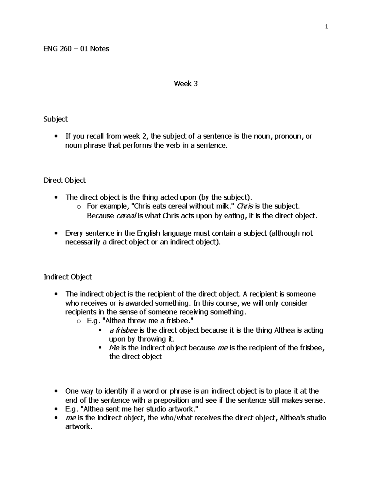 ENG 260-01 - week 3 - Direct object and indirect object. Introduction ...