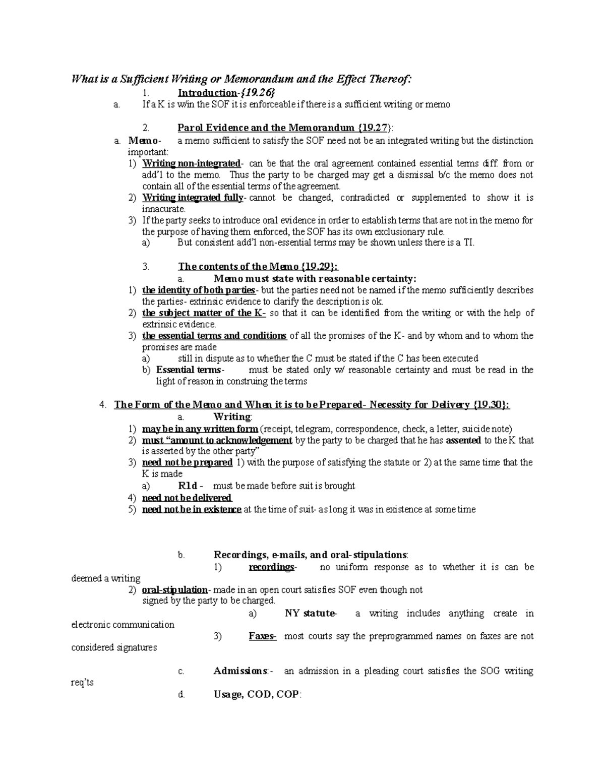 Contracts Law Outline - 3 - What is a Sufficient Writing or Memorandum ...