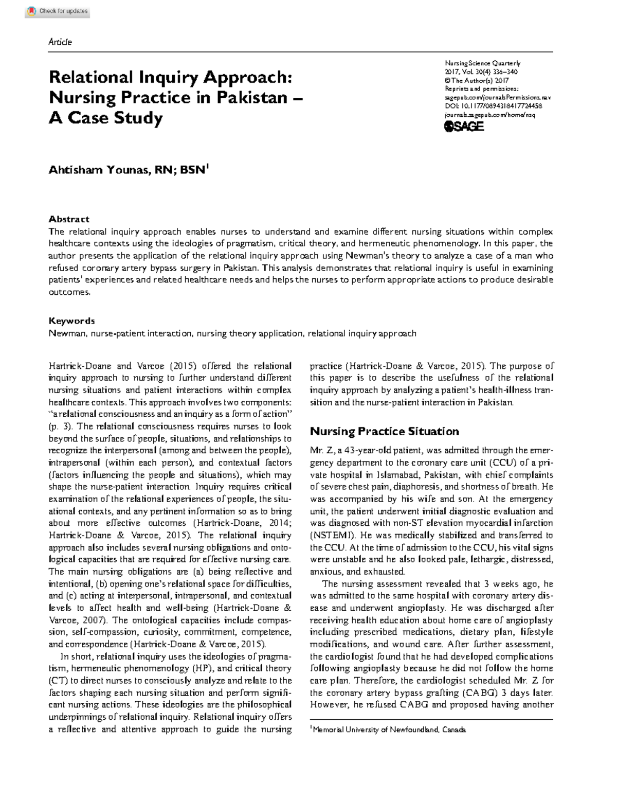 Younas 2017 relational inquiry approach nursing practice in pakistan a ...