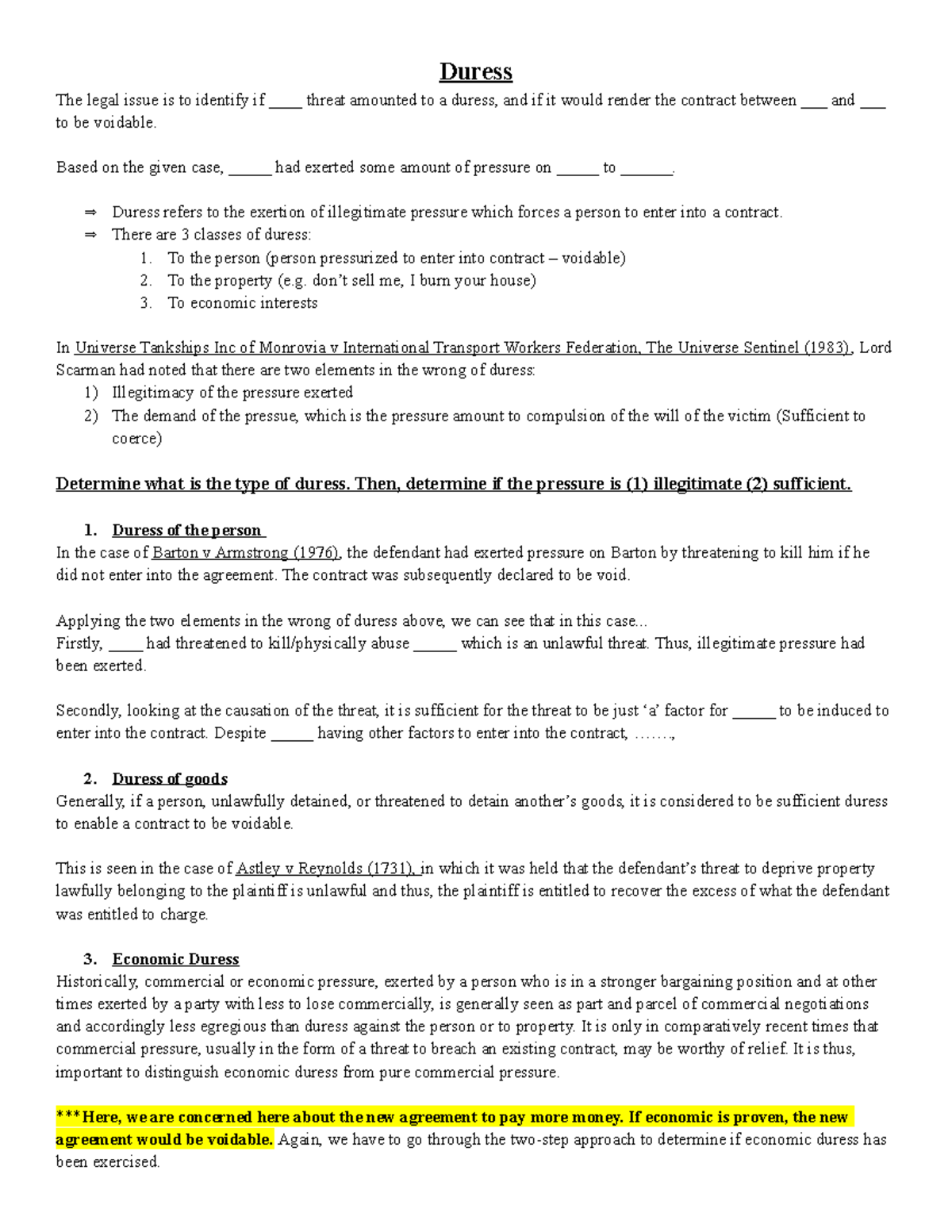 Duress - Duress The legal issue is to identify if ____ threat amounted ...