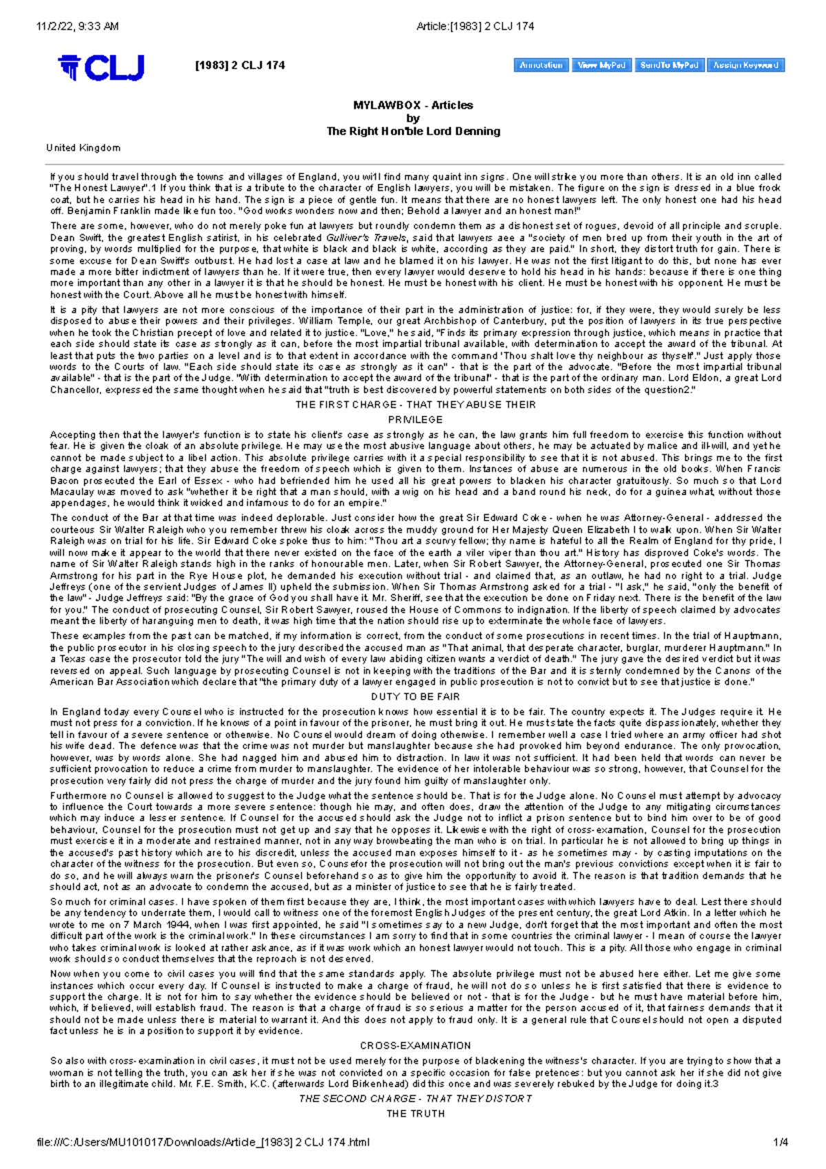 The Right Honourable by Lord Denning Article [1983] 2 CLJ 174 ...