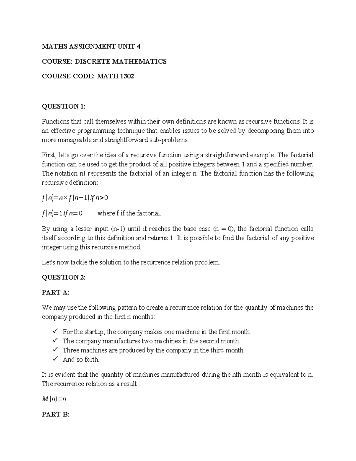 MA UNIT 4 MATH 1302 - LAERNING JOURNAL - MATHS ASSIGNMENT UNIT 4 COURSE: DISCRETE MATHEMATICS ...