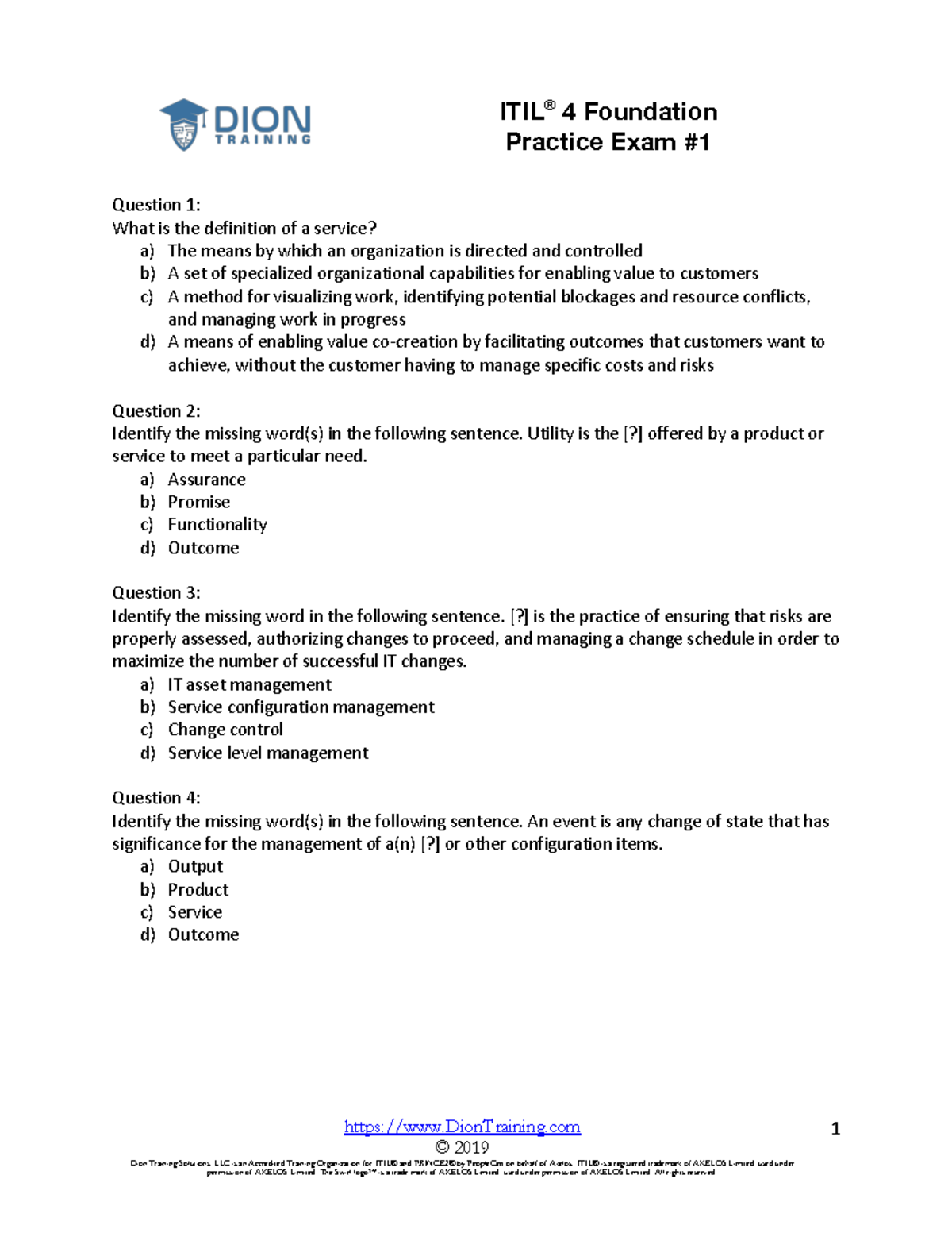ITIL 4 Foundation (Practice Exam 1) - Practice Exam DionTraining © 2019 ...