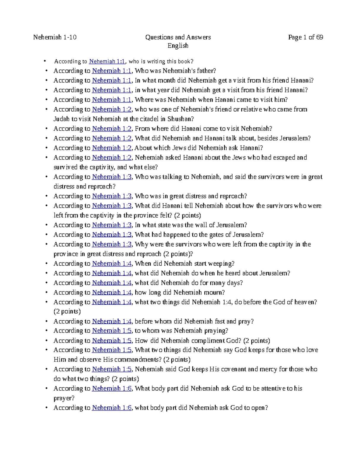 Nehemiah Questions English - English According to Nehemiah 1:1, who is ...