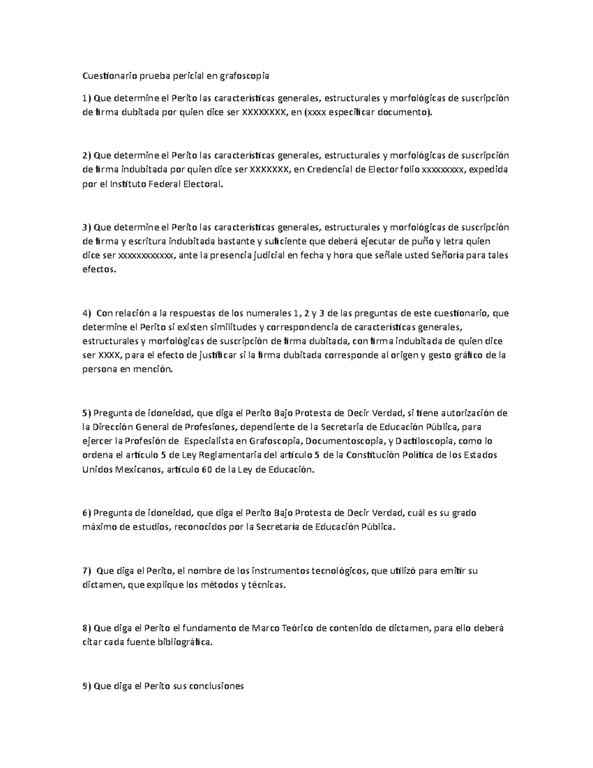 Cuestionario Prueba Pericial en Grafoscopia - Cuestionario prueba ...