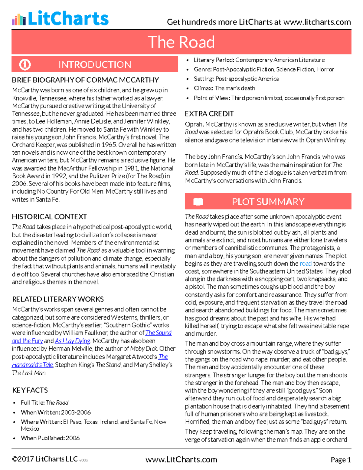 The-Road-Lit Chart - Notes - The Road BRIEF BIOGRAPHY OF CORMAC ...