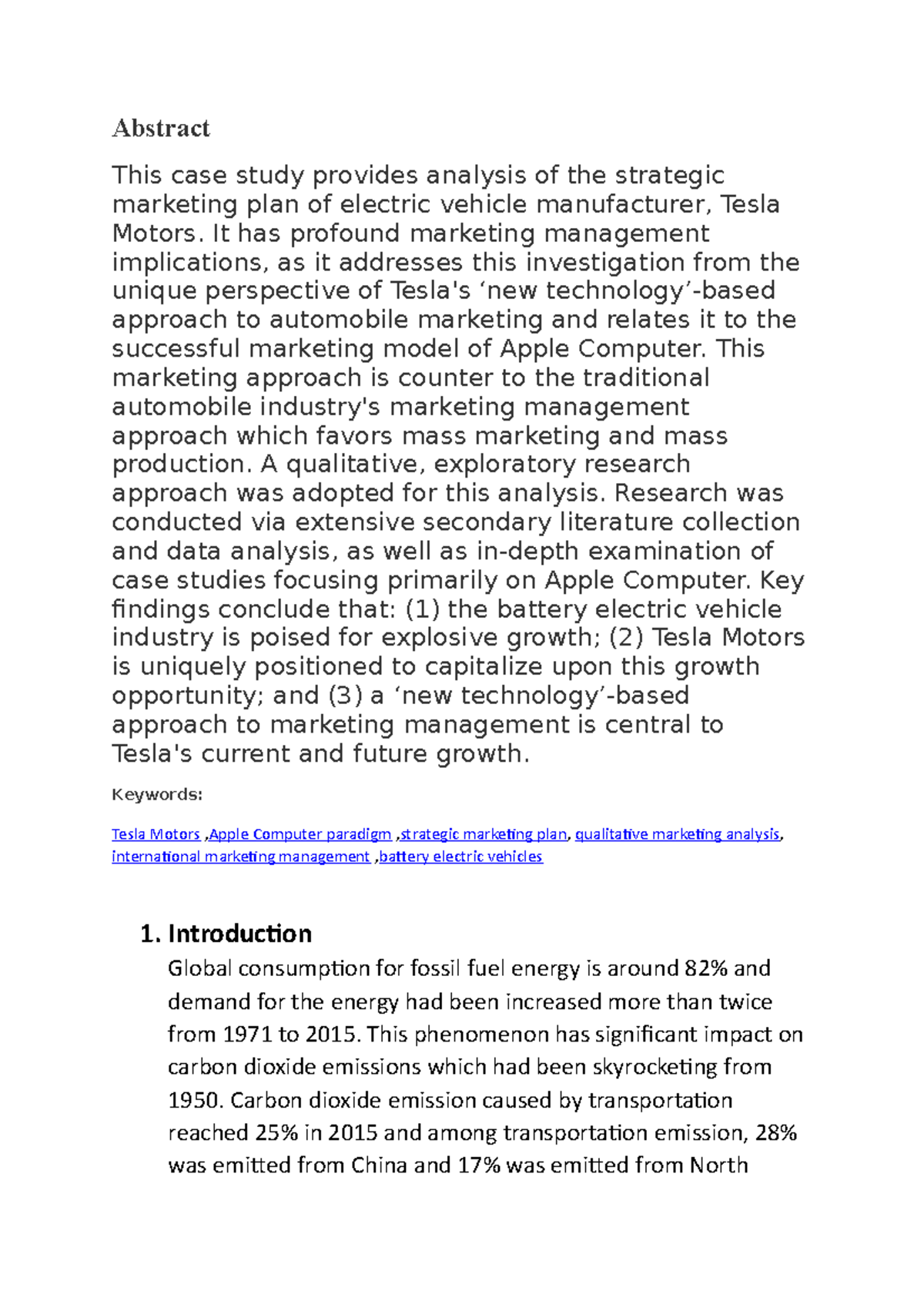 Abstract tesla - Abstract This case study provides analysis of the ...