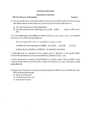 STA 121 EXAM 2017 - use for revision - Elements of Probability - Studocu