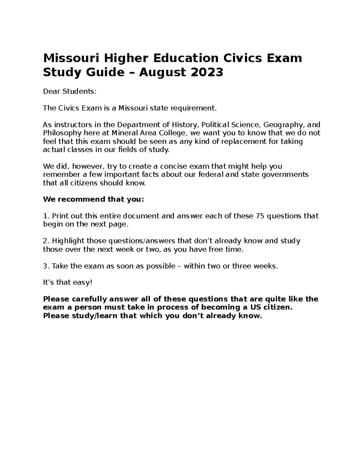 Missouri Higher Education Civics Exam Study Guide - As instructors in ...