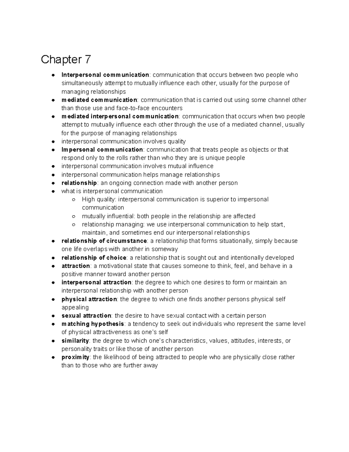 Chapter 7-8 notes - Chapter 7 Interpersonal communication ...