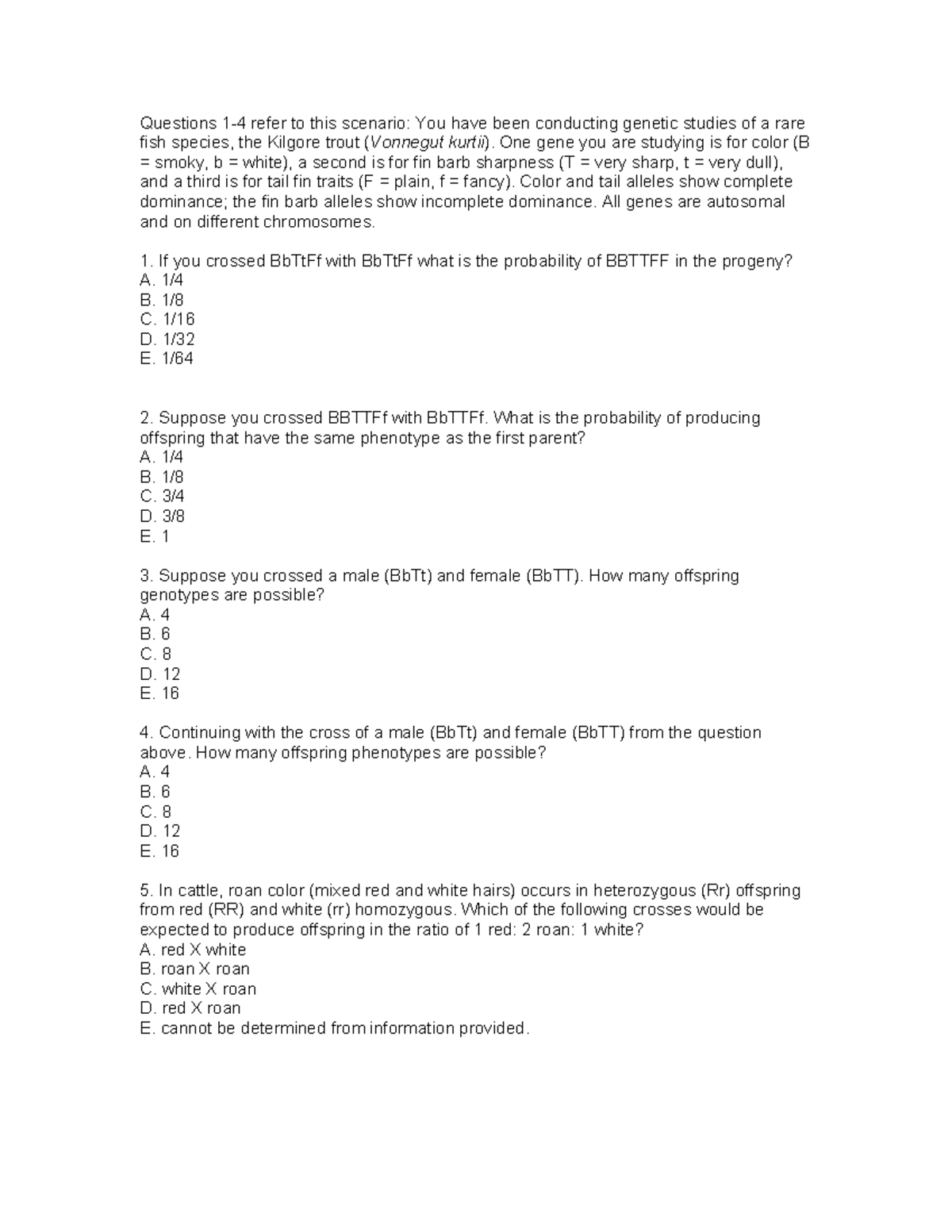 BIOL 1134 AC worksheet inheritance F16 - Questions 1-4 refer to this ...
