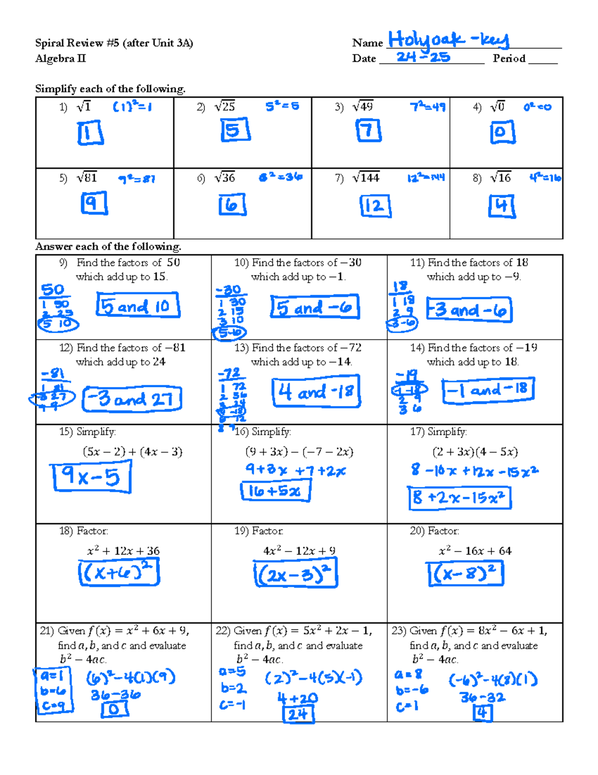 Spiral Review WS 5 (after Unit 3A Test) KEY - Spiral Review # 5 (after ...