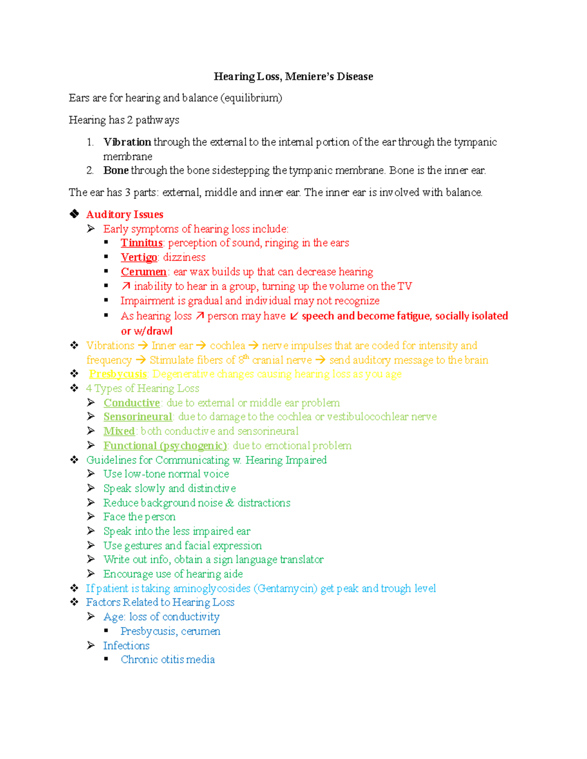 Hearingnotes - This is notes on Sensory but broken into half for ...