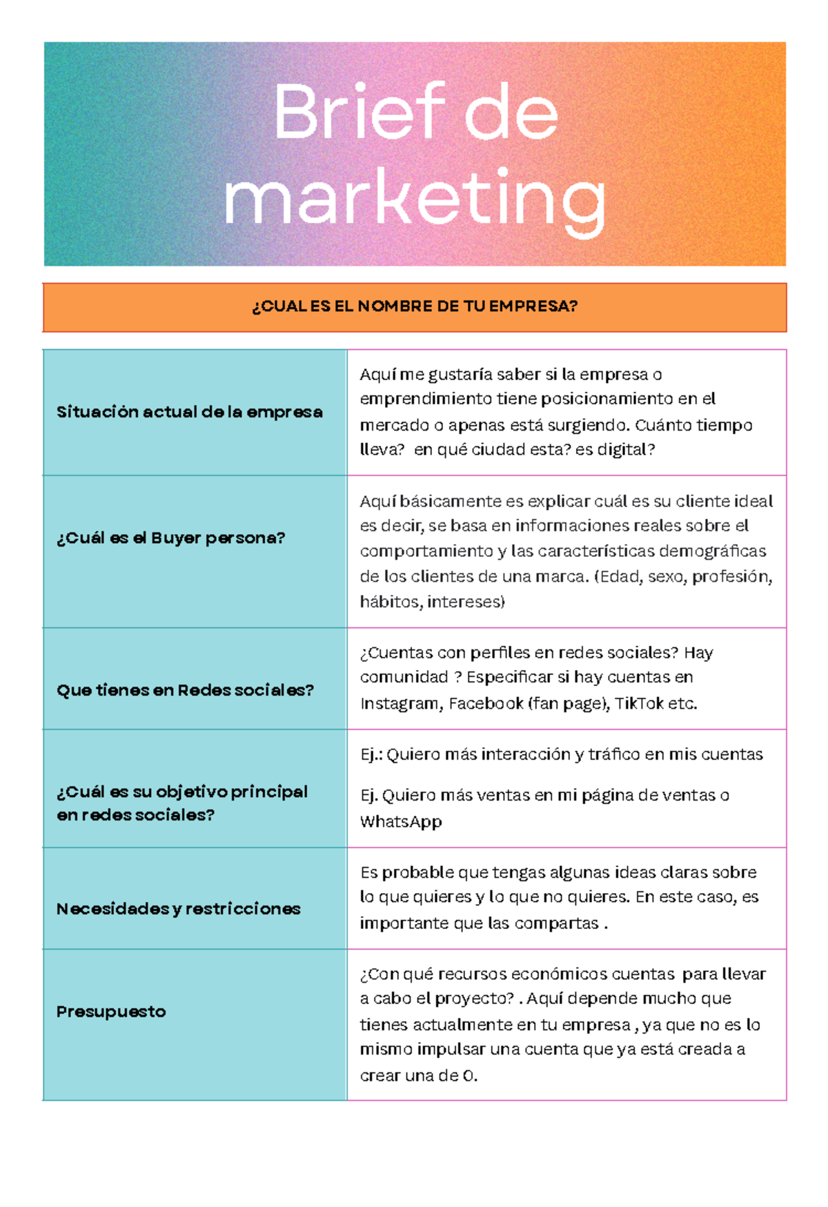 Brief Marketing - Brief de marketing ¿CUAL ES EL NOMBRE DE TU EMPRESA ...