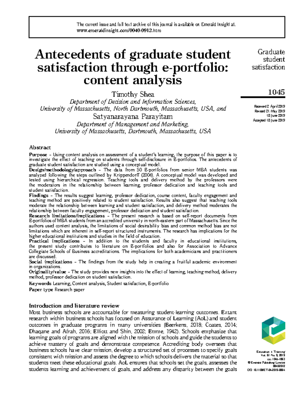 Shea2019 - shea quality - Antecedents of graduate student satisfaction ...