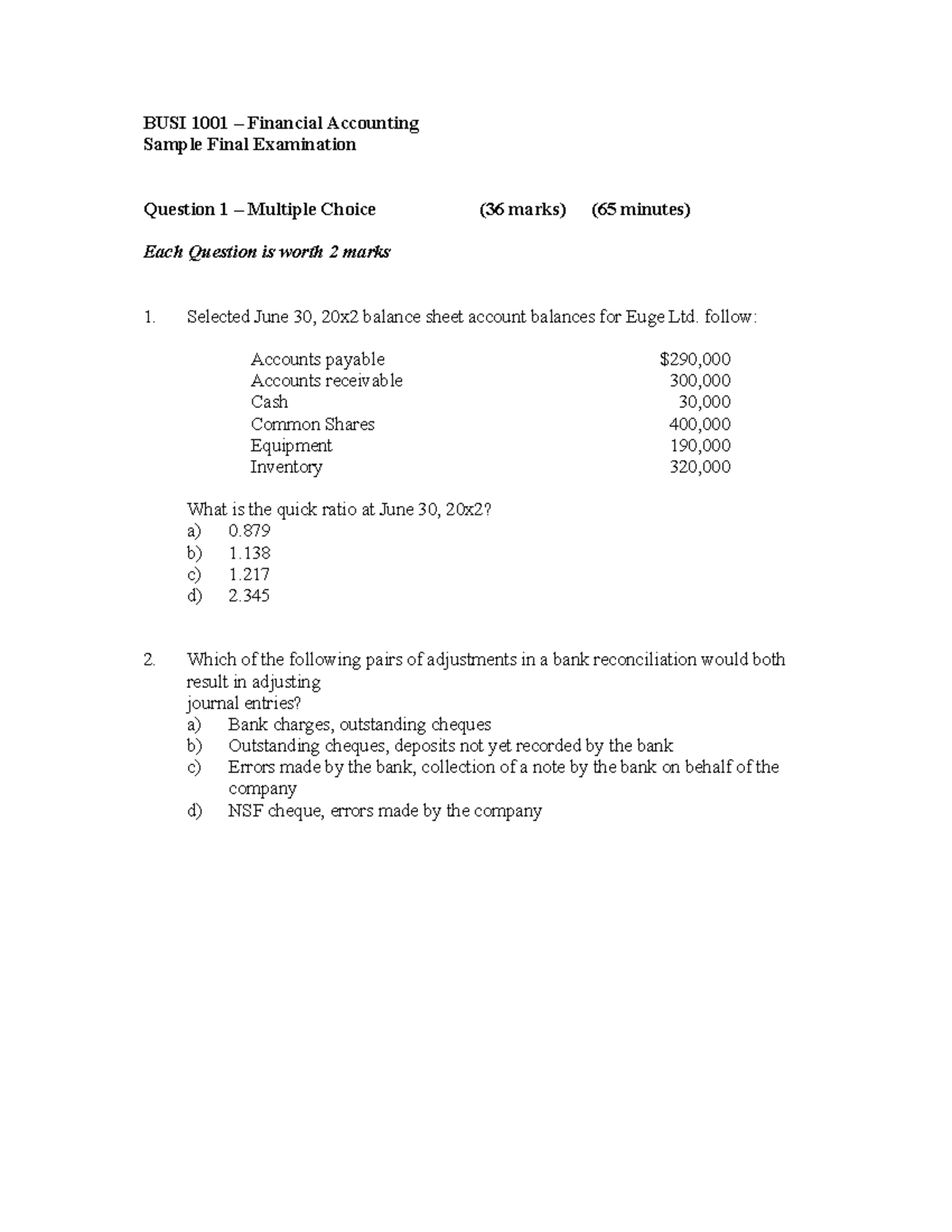 Sample/practice exam 2012, questions - BUSI 1001 – Financial Accounting ...