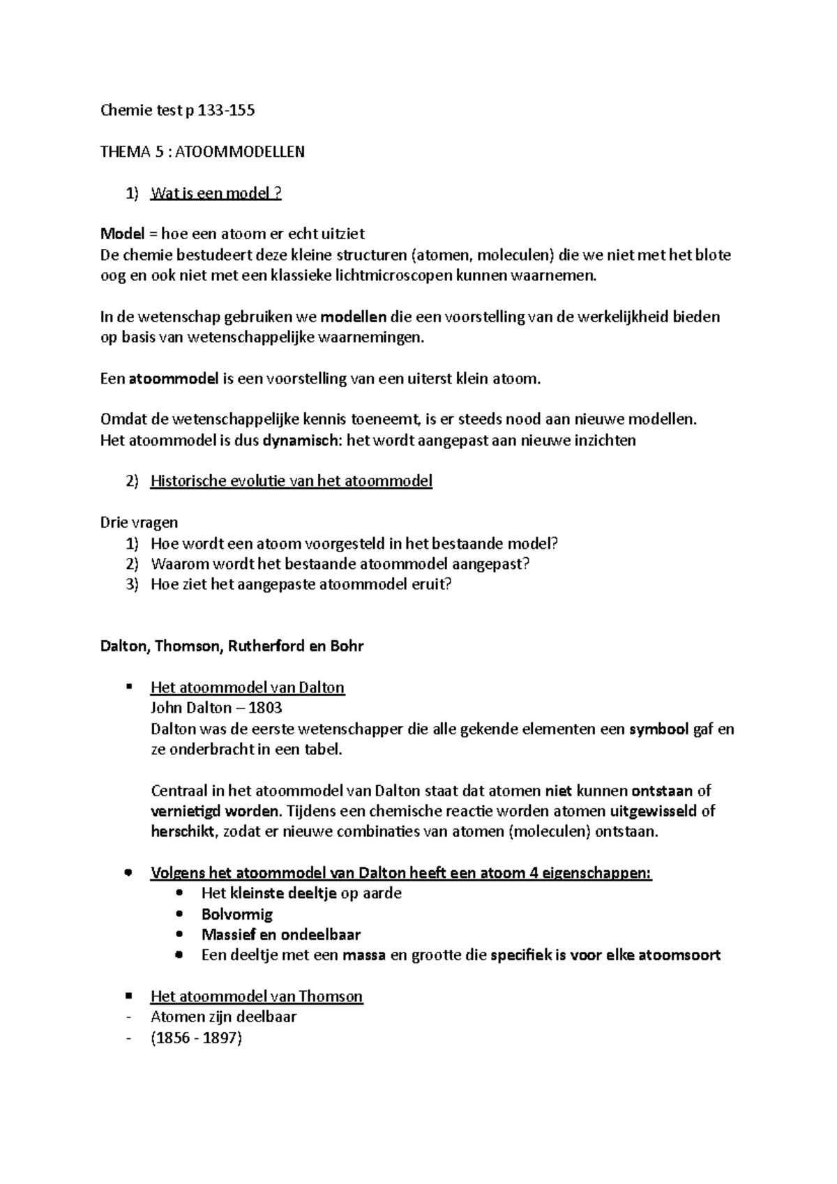 Chemie test p 133 - 155 - Chemie test p 133- THEMA 5 : ATOOMMODELLEN ...