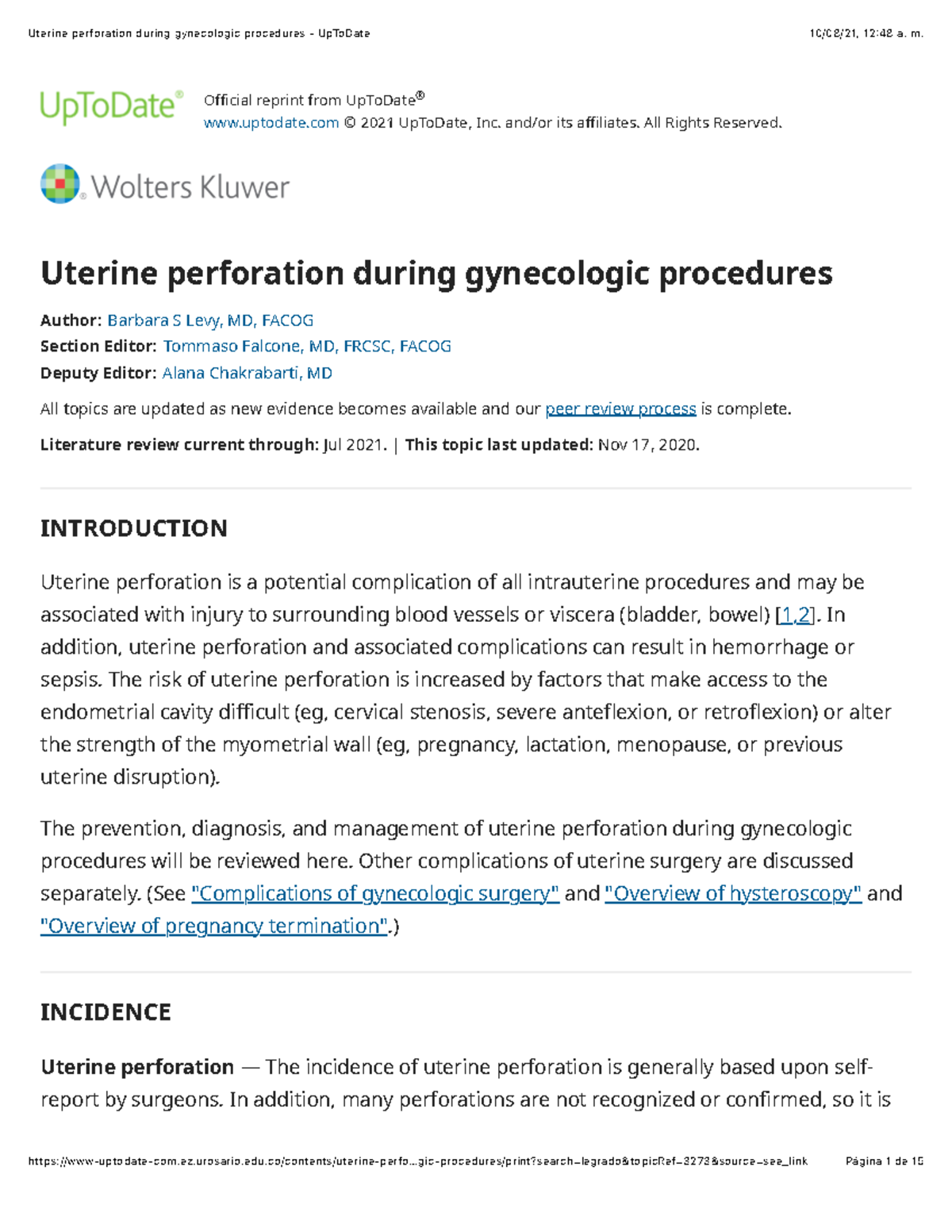 Uterine perforation during gynecologic procedures - Up To Date - - Studocu