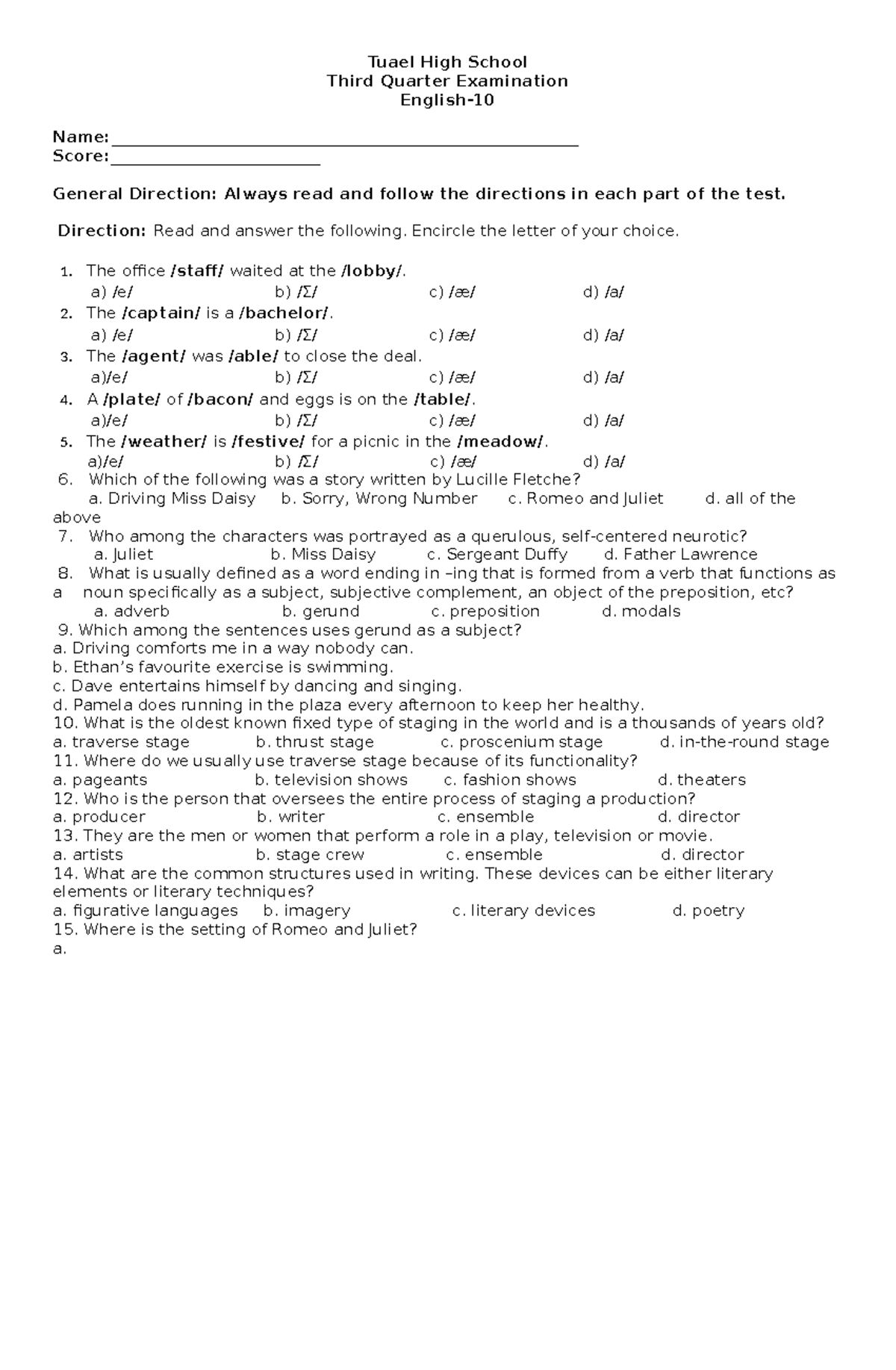 English 9 Q3 exam - Tuael High School Third Quarter Examination English ...
