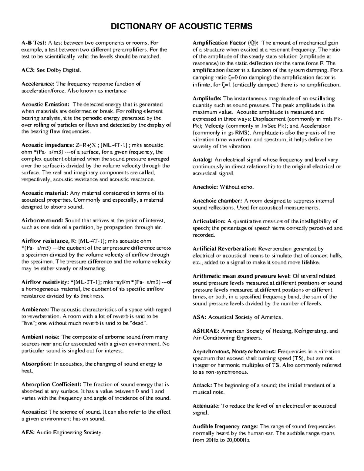 Dictionary of Acoustic Terms - DICTIONARY OF ACOUSTIC TERMS A-B Test: A ...