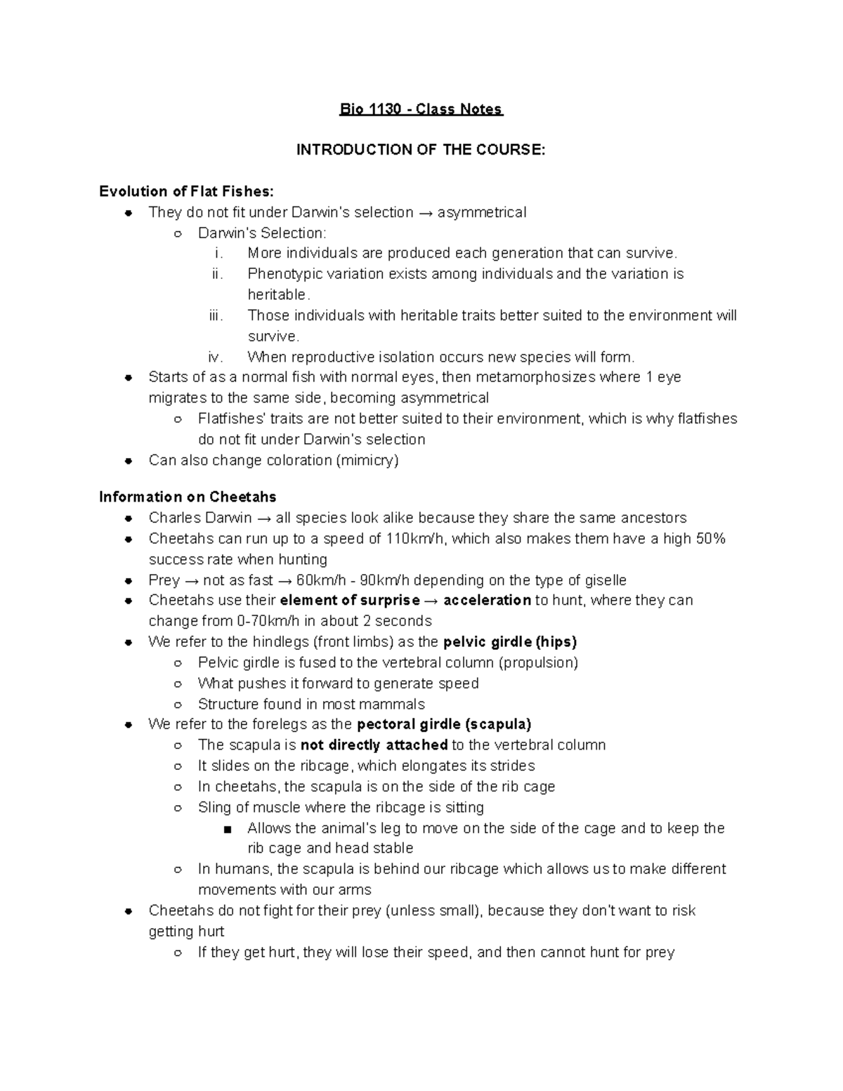 Bio 1130 - Notes - Bio 1130 - Class Notes INTRODUCTION OF THE COURSE ...