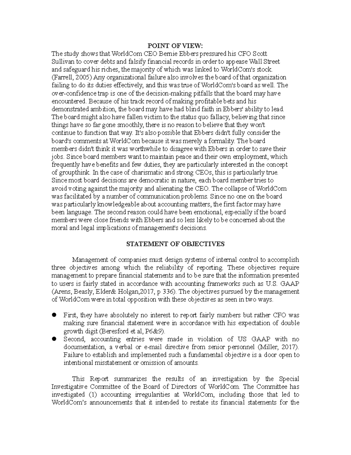 Statement OF Objectives - POINT OF VIEW: The study shows that WorldCom ...