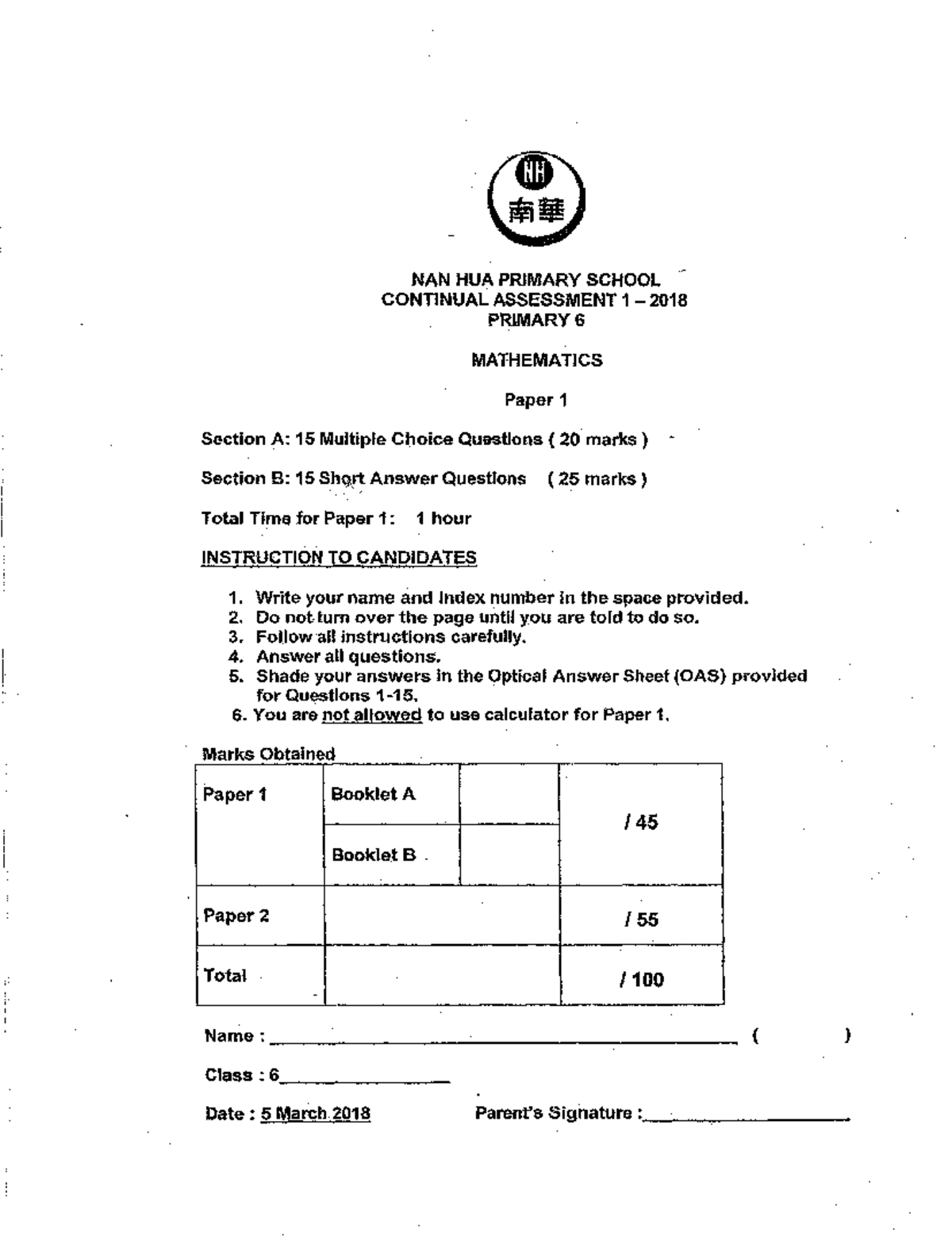 P6 Maths CA1 2018 Nan Hua Exam Papers mathematics - CM9102 - Studocu