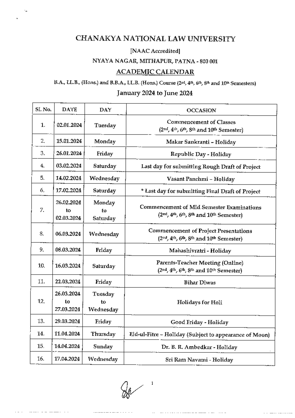 Academic Calendar UG January 2024 to June 2024 - Bachelors of Law - 3 ...