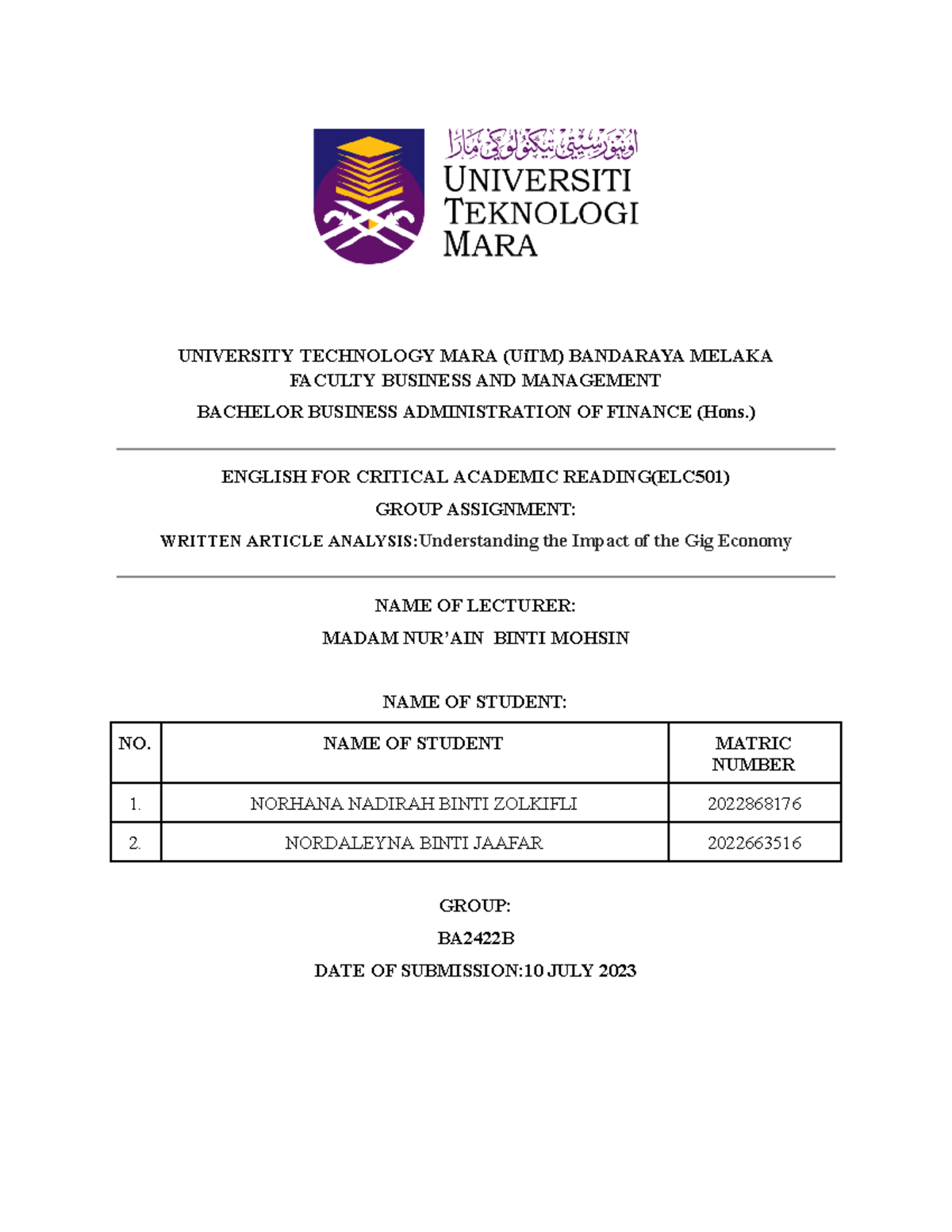 WAA (Written article analysis) - UNIVERSITY TECHNOLOGY MARA (UiTM ...
