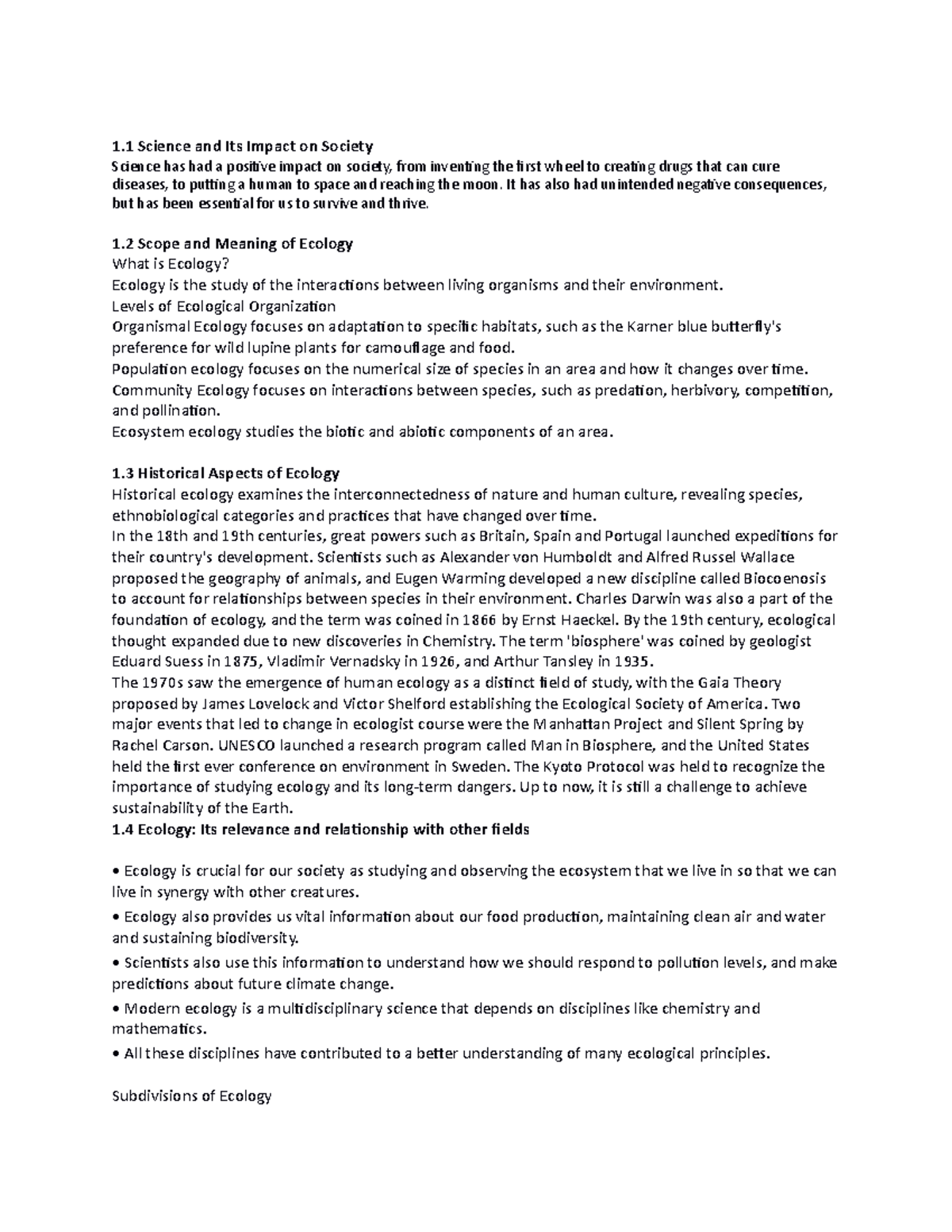 Introduction to Ecology - 1 Science and Its Impact on Society Science ...