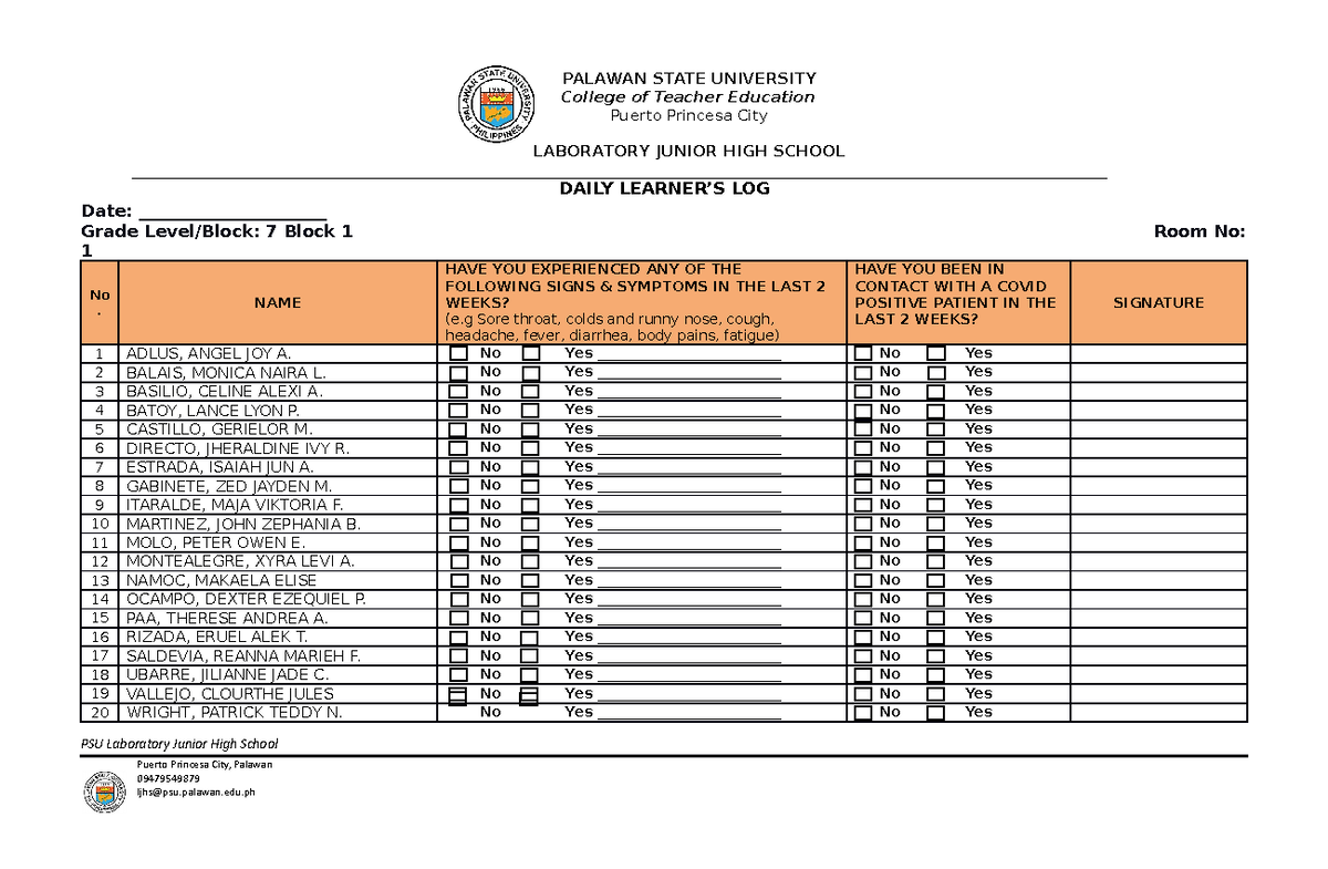 Daily-Learners-Log - Template - PALAWAN STATE UNIVERSITY College of ...
