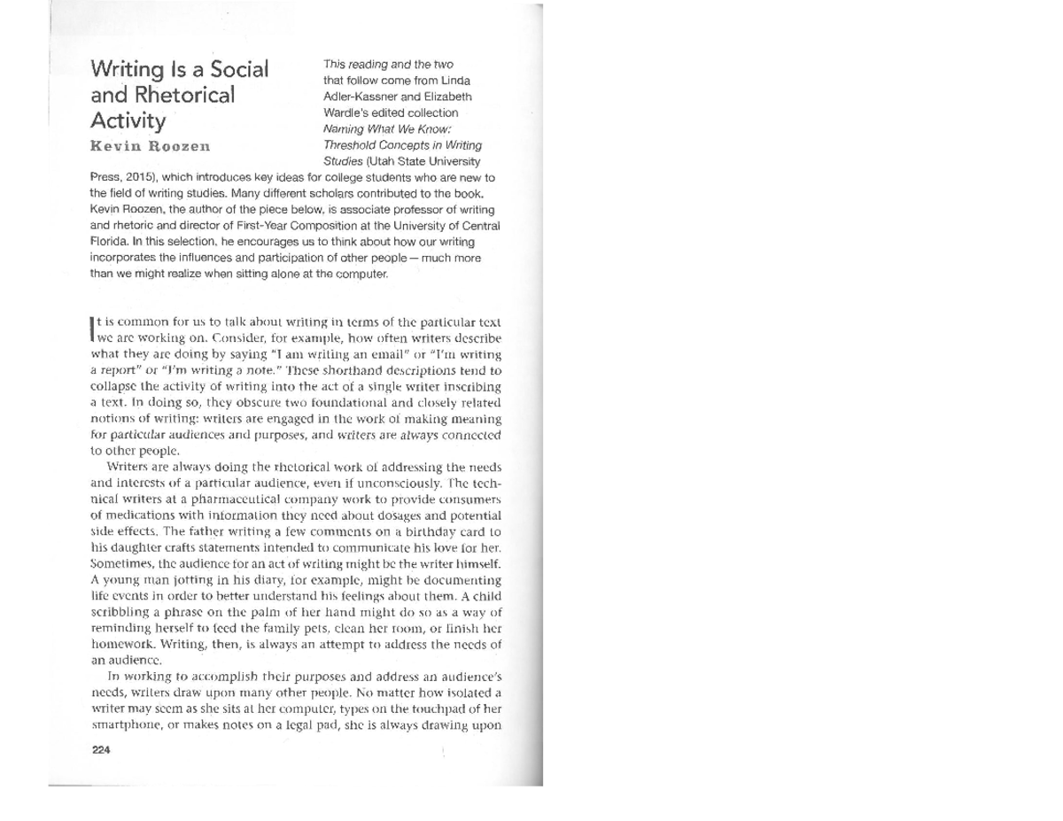 Roozen Writing Is a Social and Rhetorical Activity - Rhetorics and ...