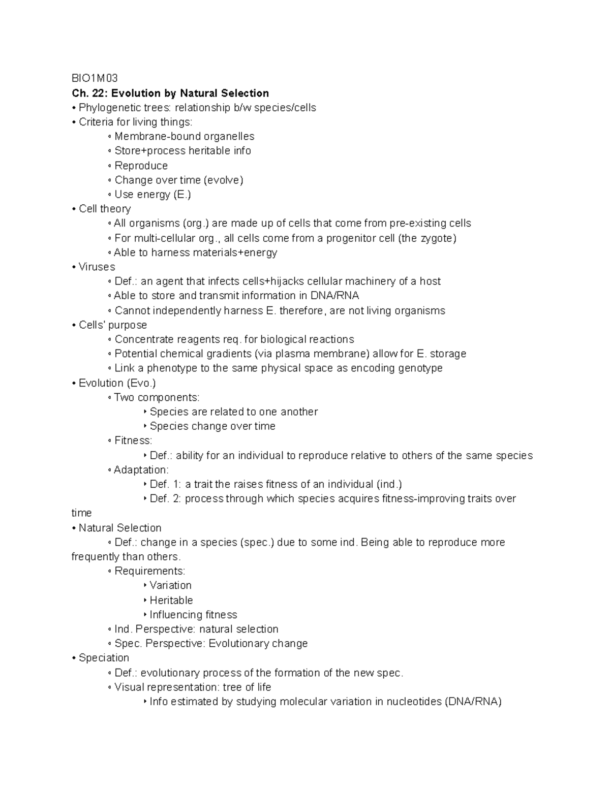 BIO 1M03 Ch 22 Notes - BIO1M Ch. 22: Evolution by Natural Selection ...